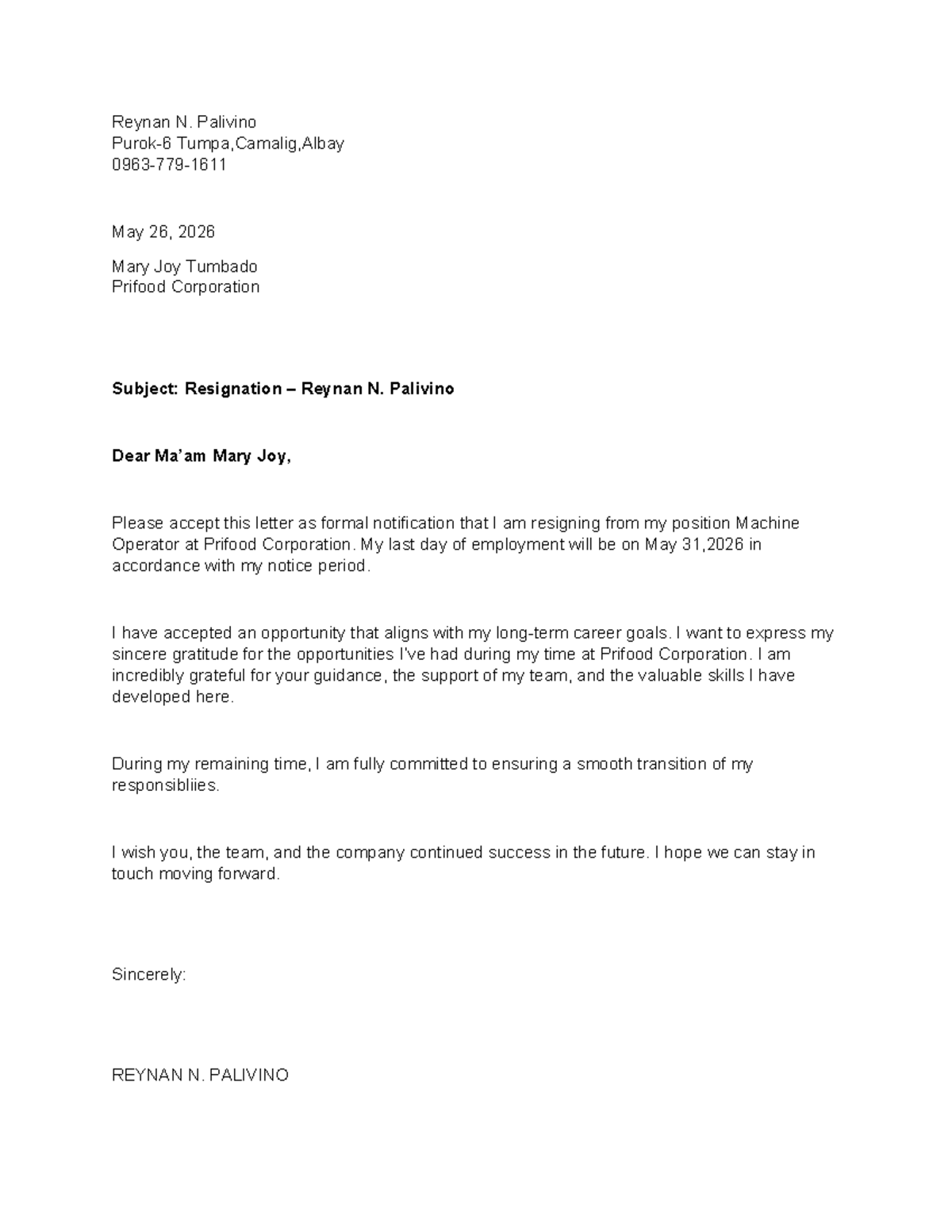 Resignation Letter - Reynan N. Palivino from Prifood Corp. - Studocu