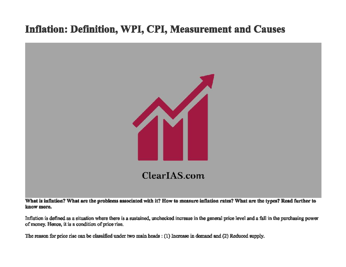 Inflation Notes: Definition, WPI, CPI, Measurement & Causes - Studocu