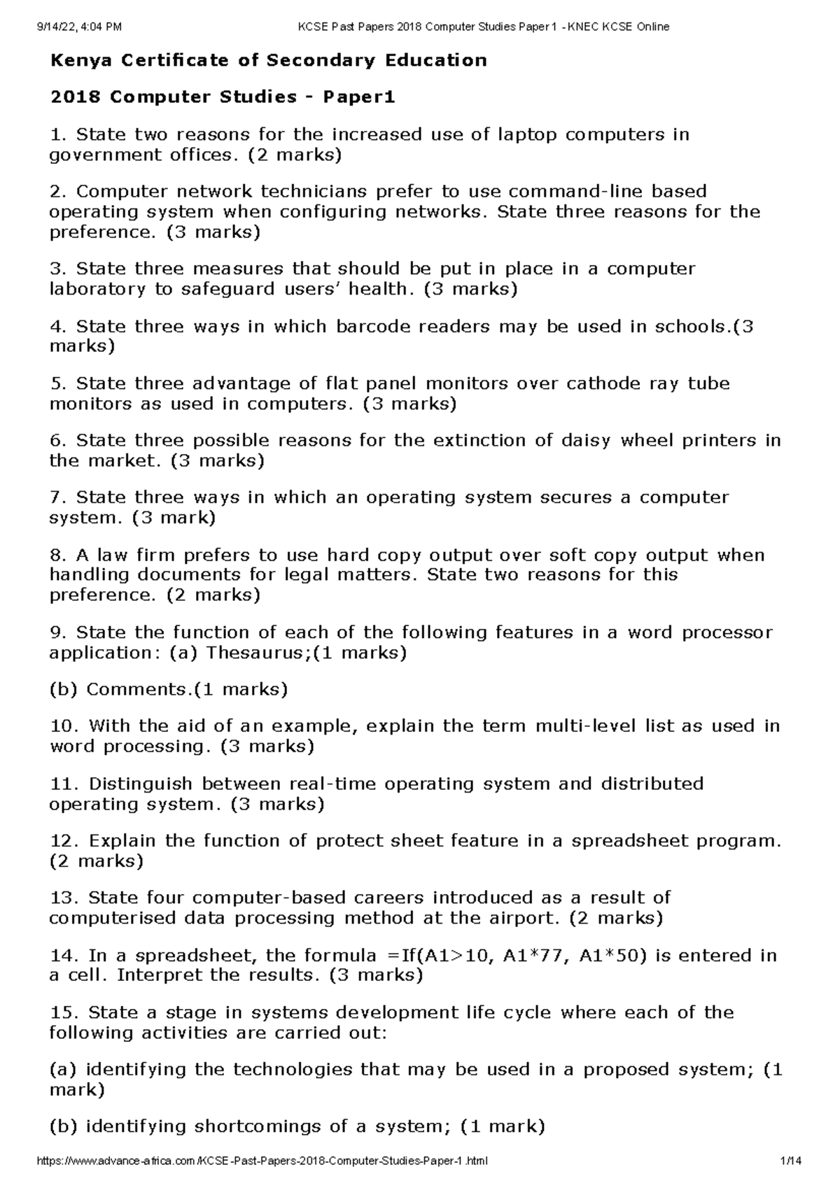 KCSE Past Papers 2018 Computer Studies Paper 1 - KNEC KCSE Online ...