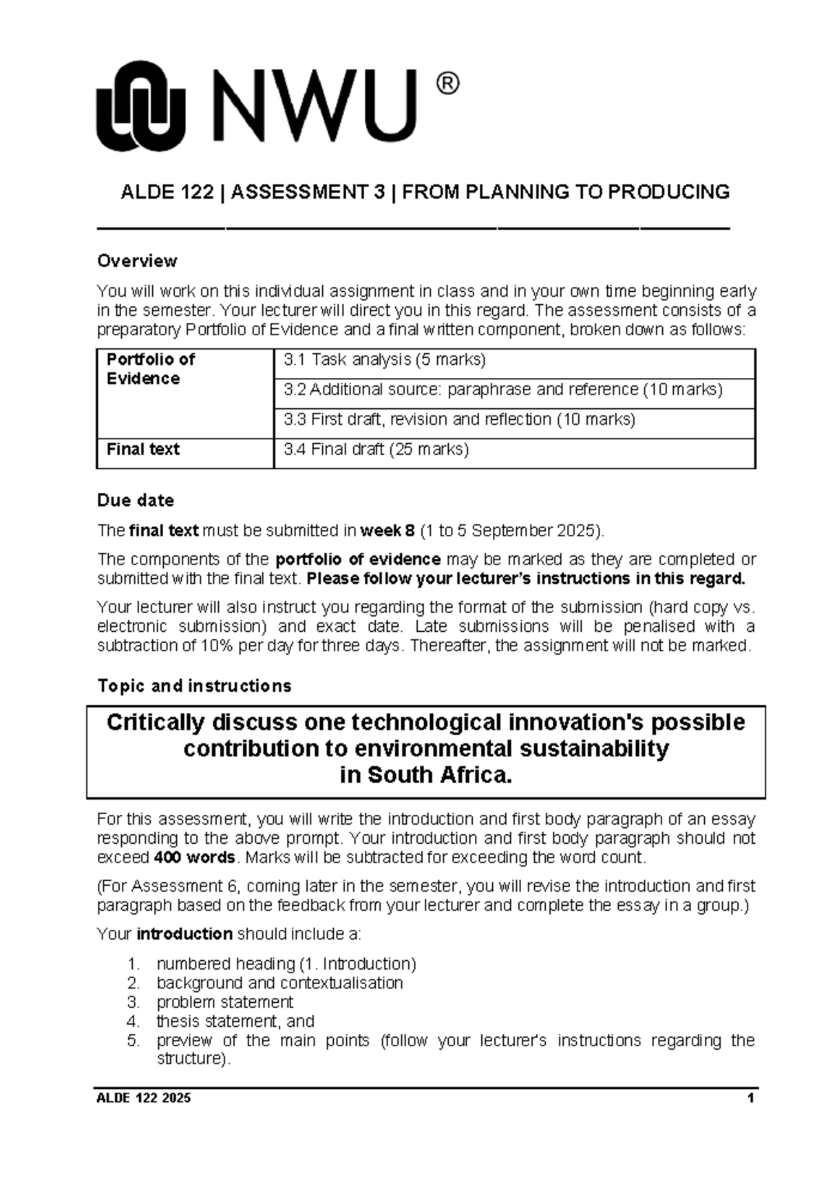 ALDE 122 Assessment 3: Planning and Producing for Sustainability - Studocu