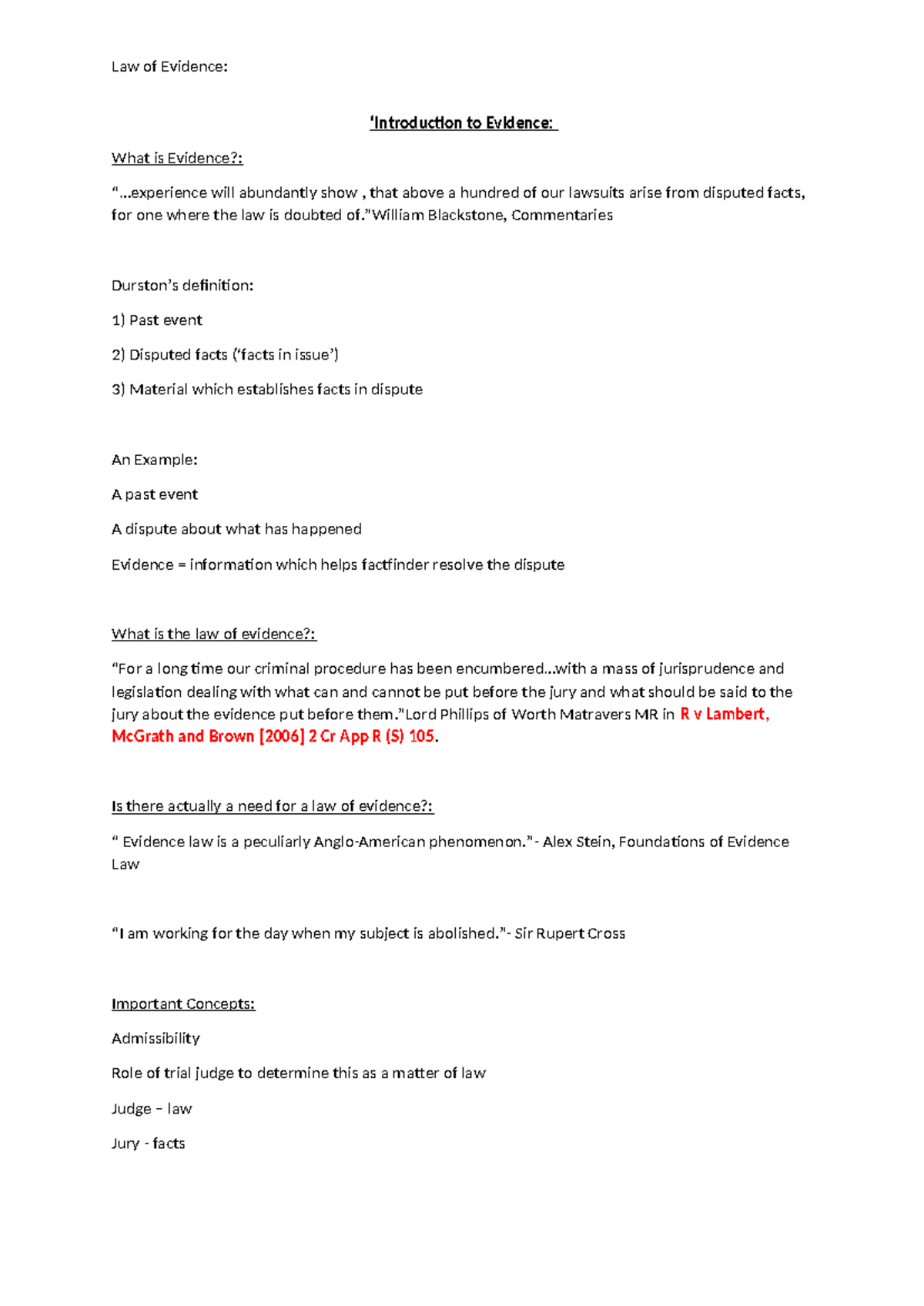 Law of Evidence: Lecture Notes on Admissibility and Disputes - Studocu