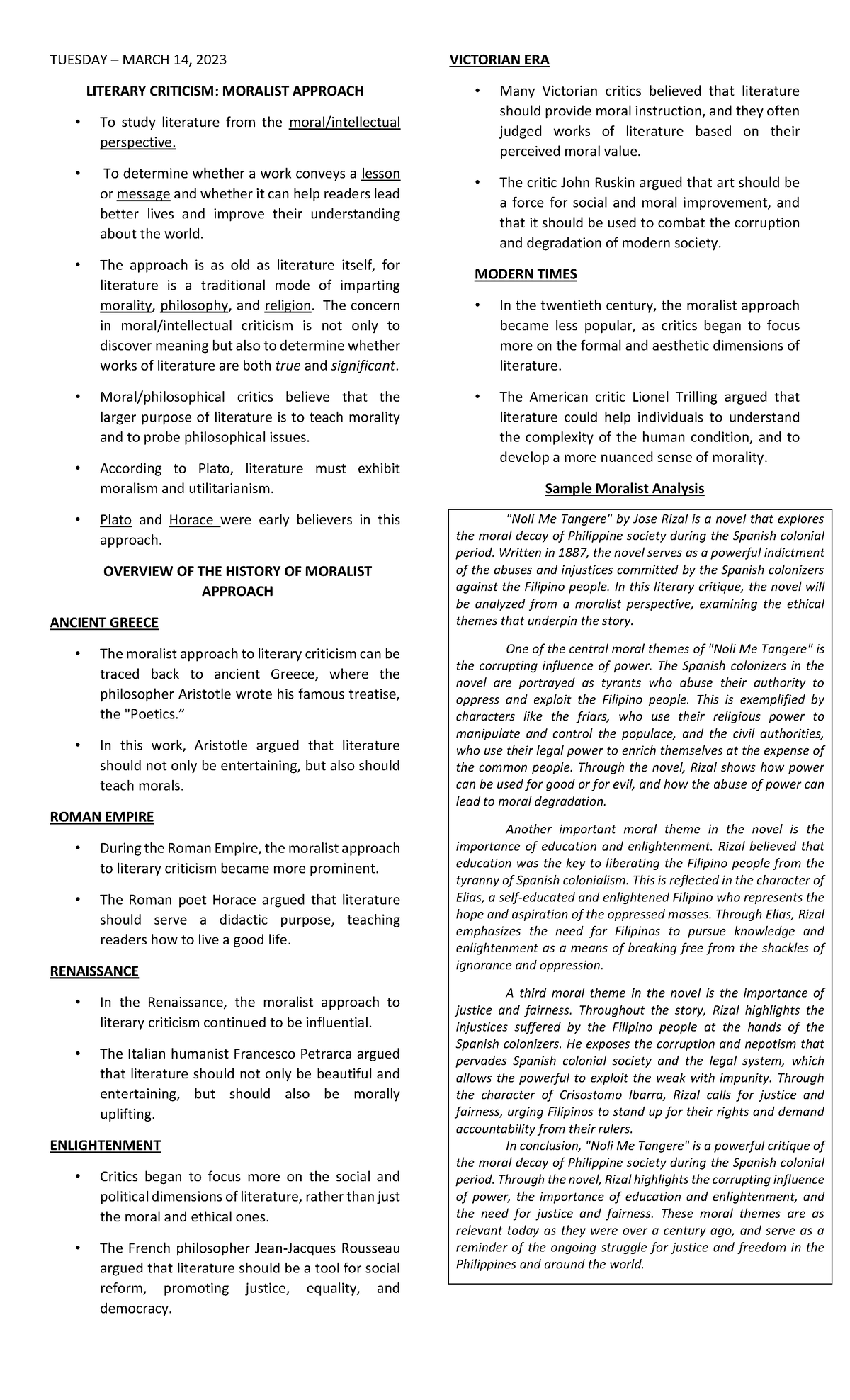 Grade 10 Literary Criticism: Moralist Approach Practice Materials - Studocu