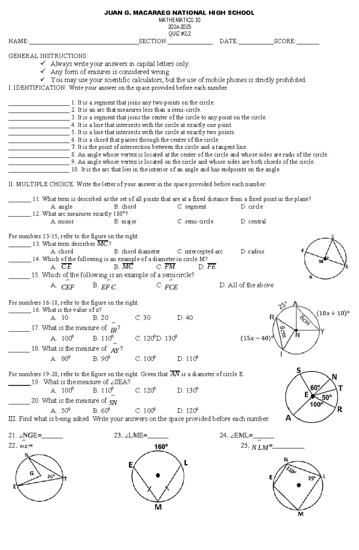 Mathematics 10 - Quiz 2 - Circle Geometry Concepts - Studocu