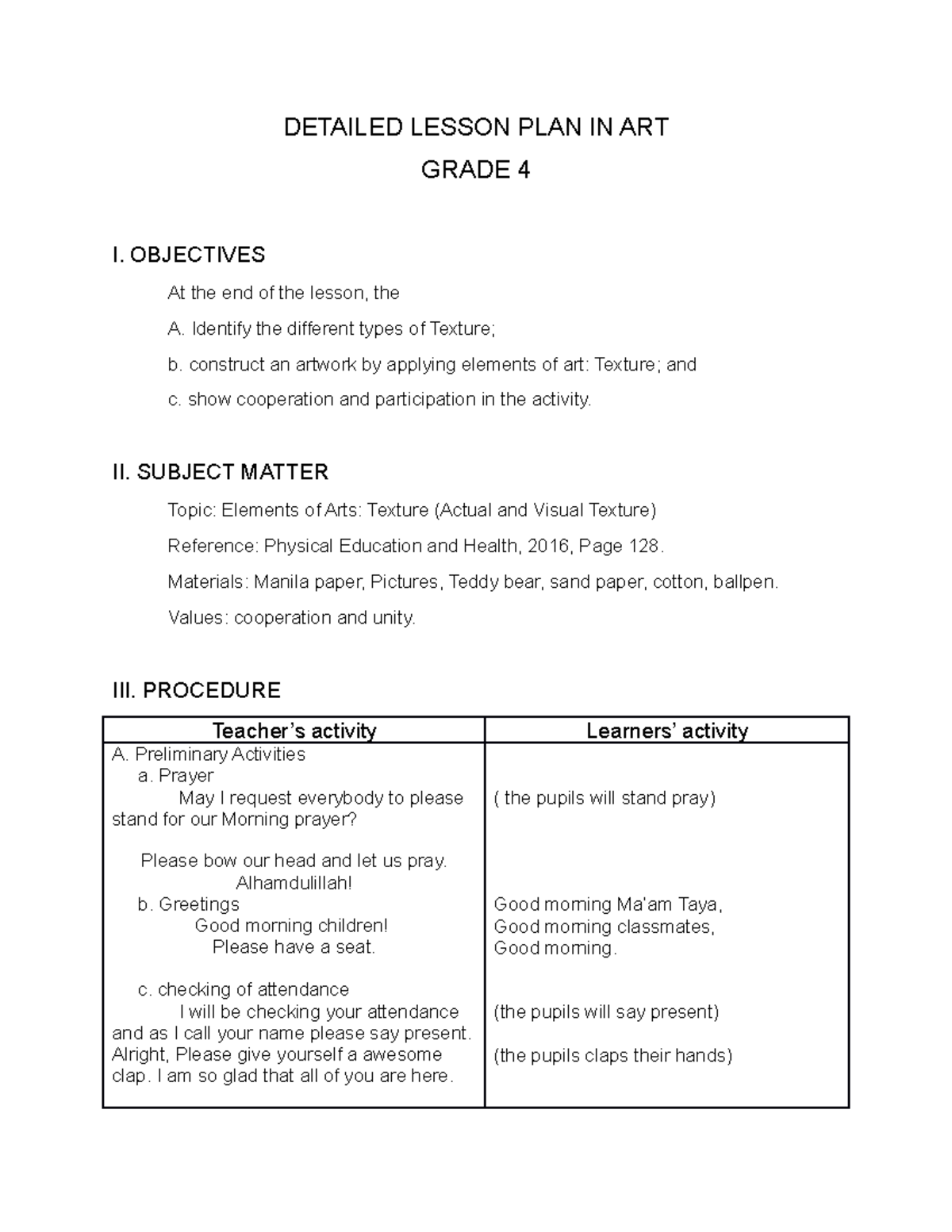 Detailed Lesson Plan on Texture in Art for Grade 4 (BEED 4-A) - Studocu