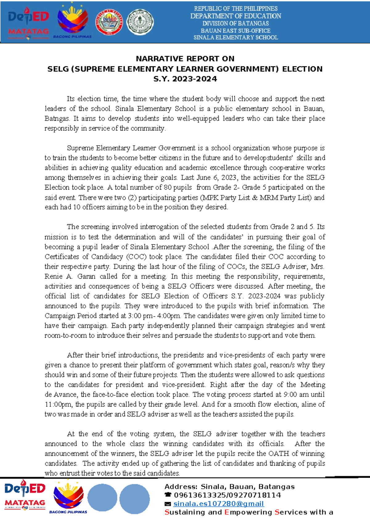 Narrative Report on SELG Election S. 2023-2024 at Sinala ES - Studocu