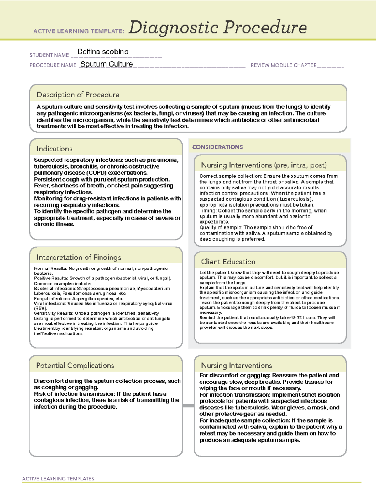 ACTIVE LEARNING TEMPLATE: Sputum Culture & Sensitivity Procedure Review ...