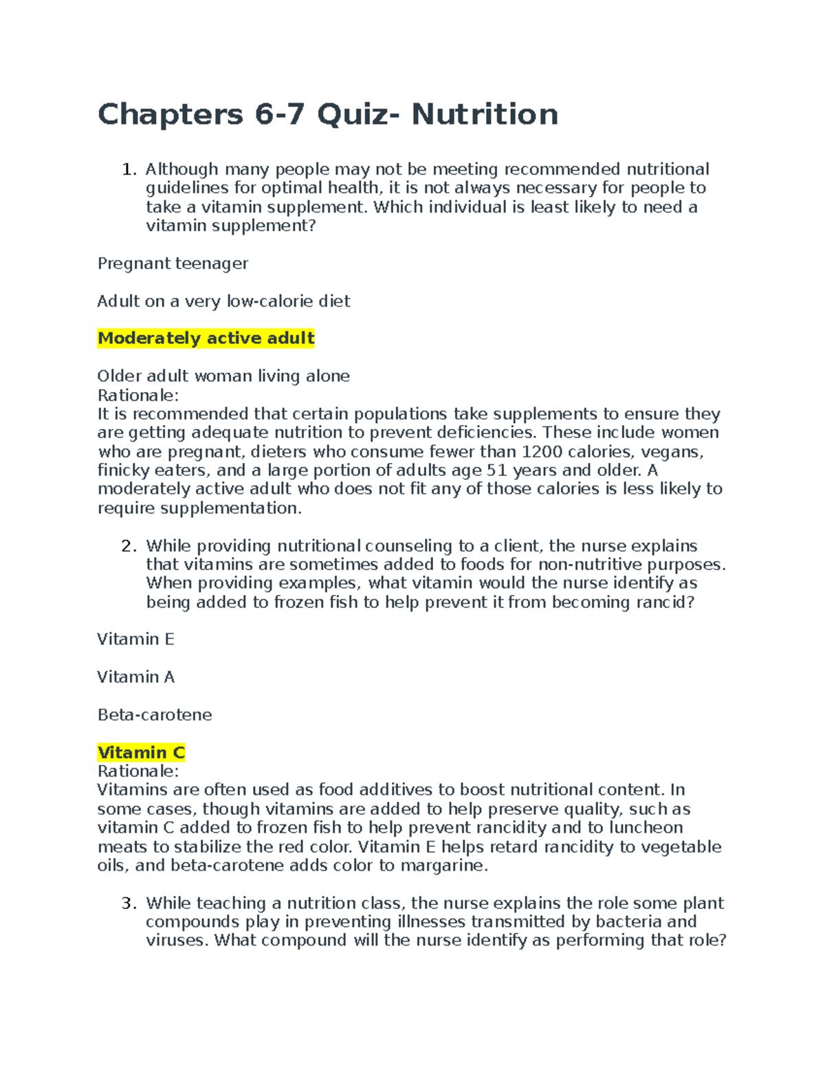 Chapters 6-7 Quiz- Nutrition - Chapters 6-7 Quiz- Nutrition Although ...
