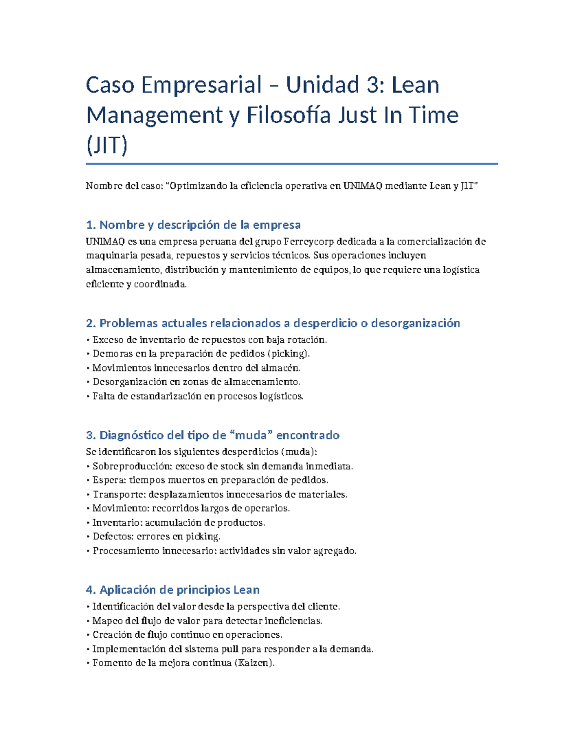 Caso Empresarial Unidad 3: Lean Management y JIT en UNIMAQ - Studocu