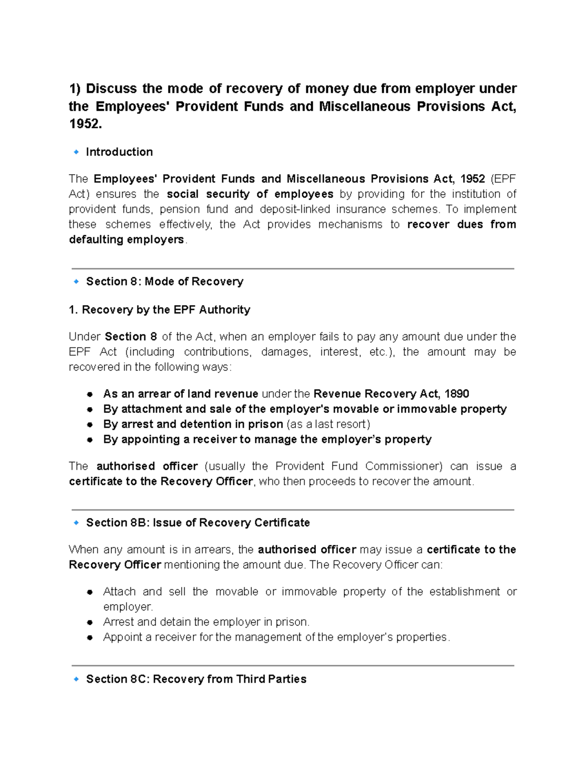 Recovery of Money & Bonus Under EPF Act, 1952: Key Provisions - Studocu
