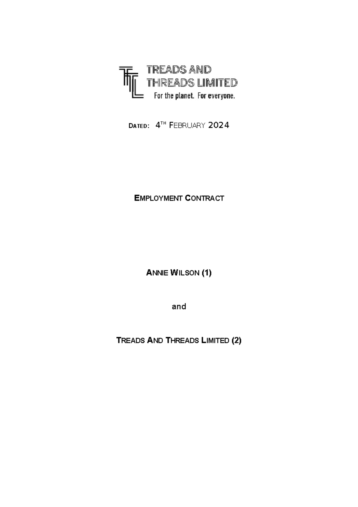 Employment Contract for Annie Wilson with Treads and Threads Ltd - Studocu