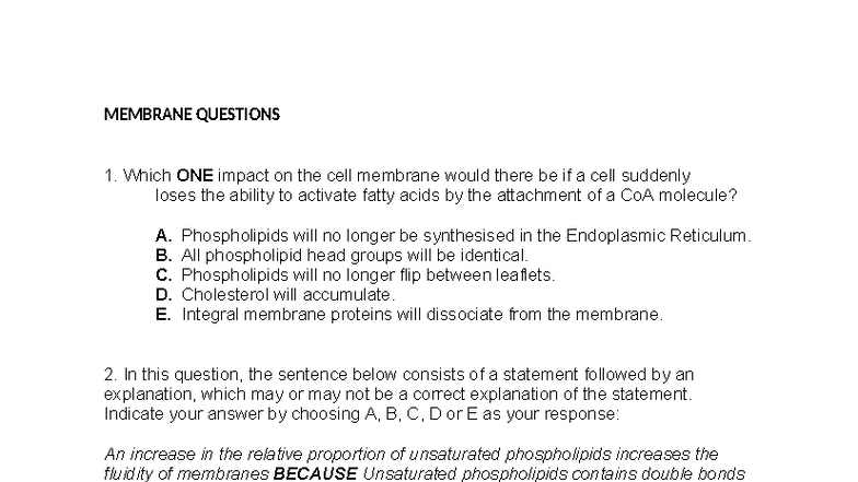 Membrane Practice Questions for BIO 101 Final Exam - Studocu