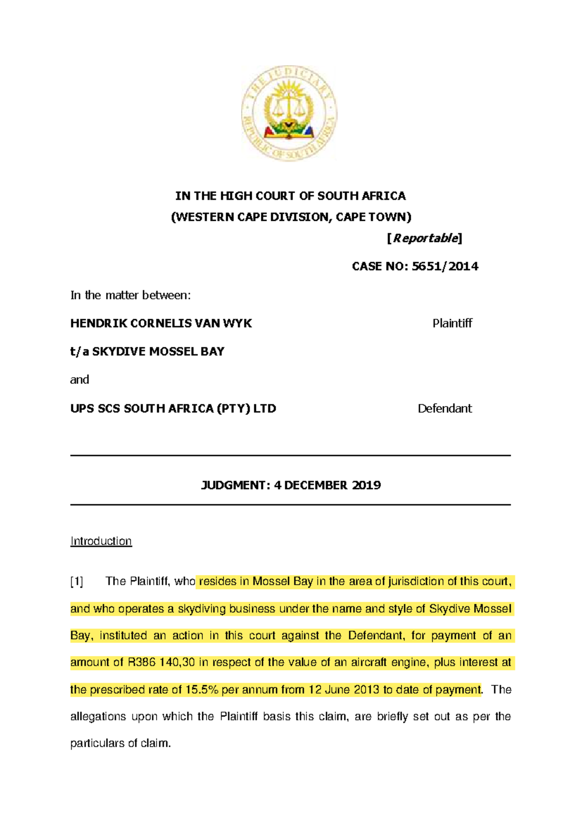 VAN WYK v UPS SCS: Case Analysis for Test 1 Scope - Studocu