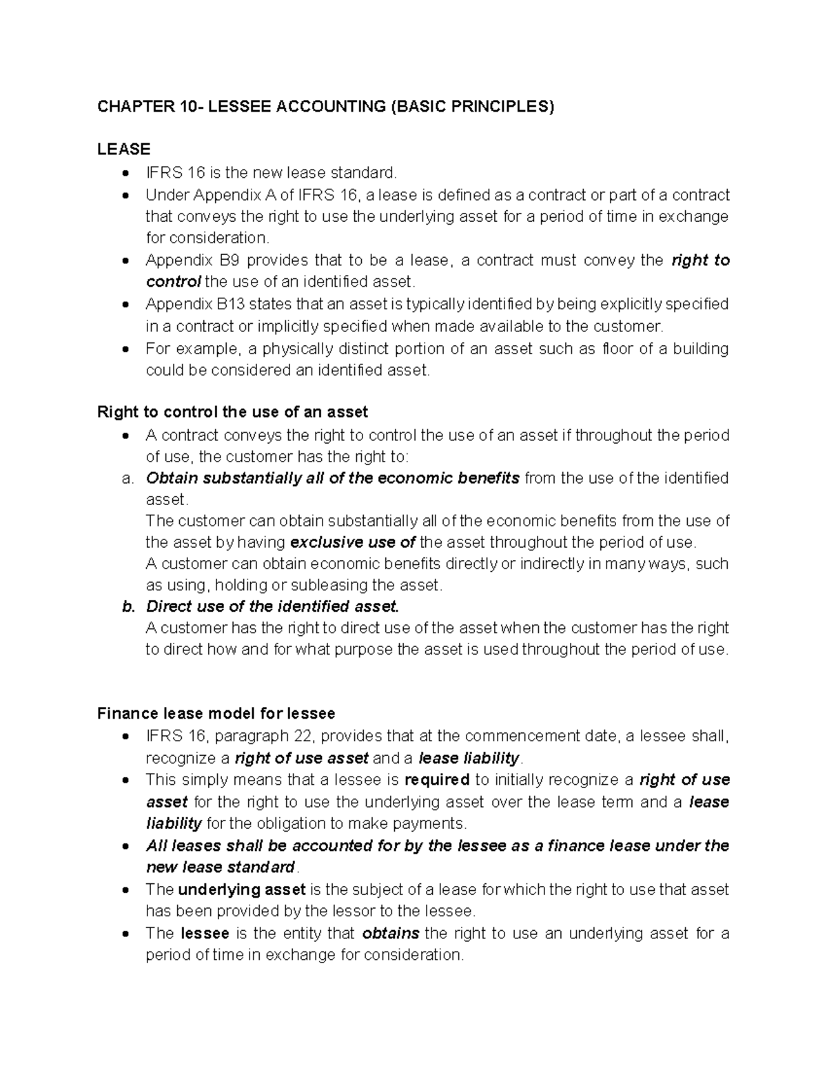 Chapter 10: Lessee Accounting Under IFRS 16 Guidelines - Studocu
