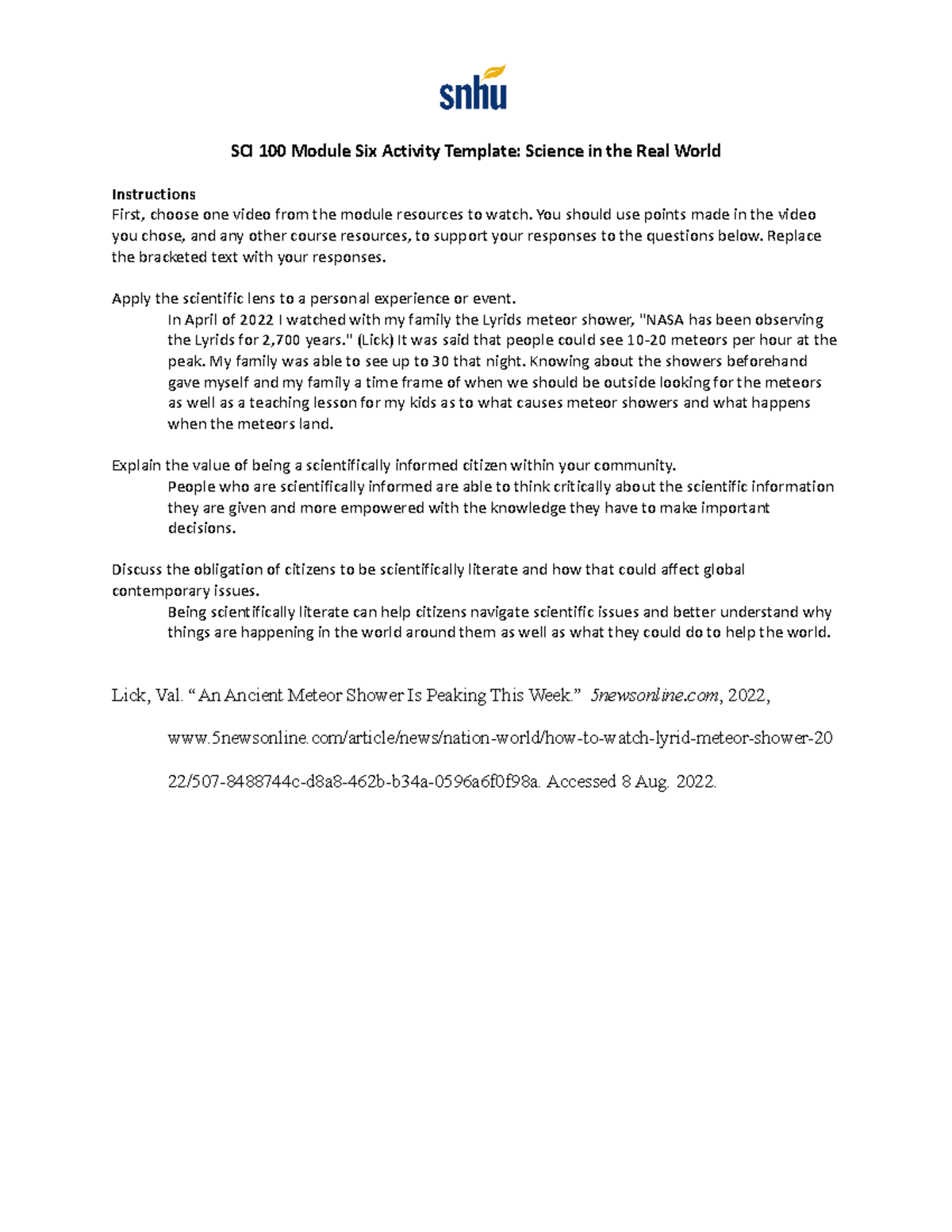 SCI 100 Module Six Activity - You should use points made in the video ...