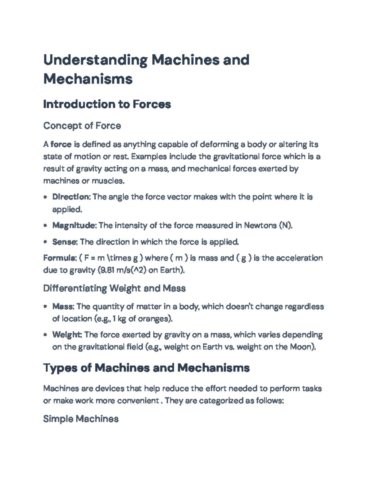 Understanding Forces and Mechanisms in Machines: Concepts and ...