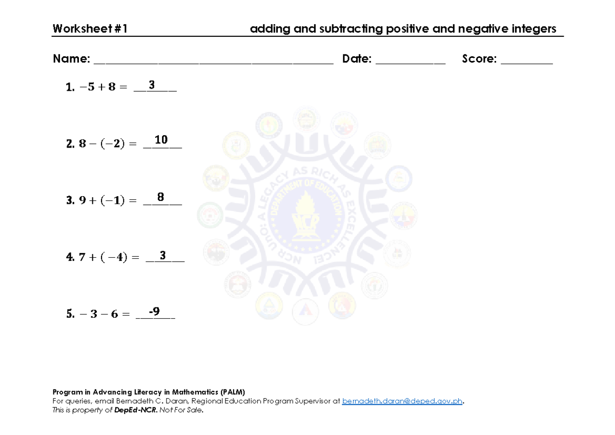 WS1: Adding & Subtracting Positive/Negative Integers (PALM) KEY - Studocu