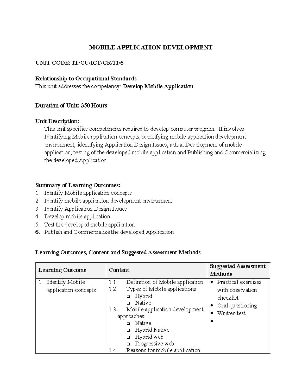 Mobile Application Development Unit Code: Competency Standards Overview ...