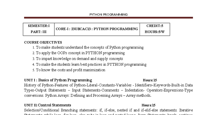 PYTHON PROGRAMMING SEMESTER I: UNIT 1 - BASICS AND CONCEPTS - Studocu