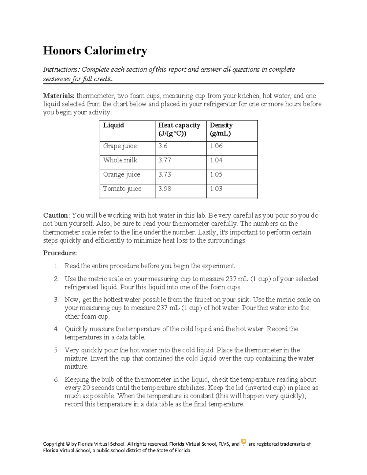 Honors Chemistry Lab: Calorimetry Experiment Instructions - Studocu