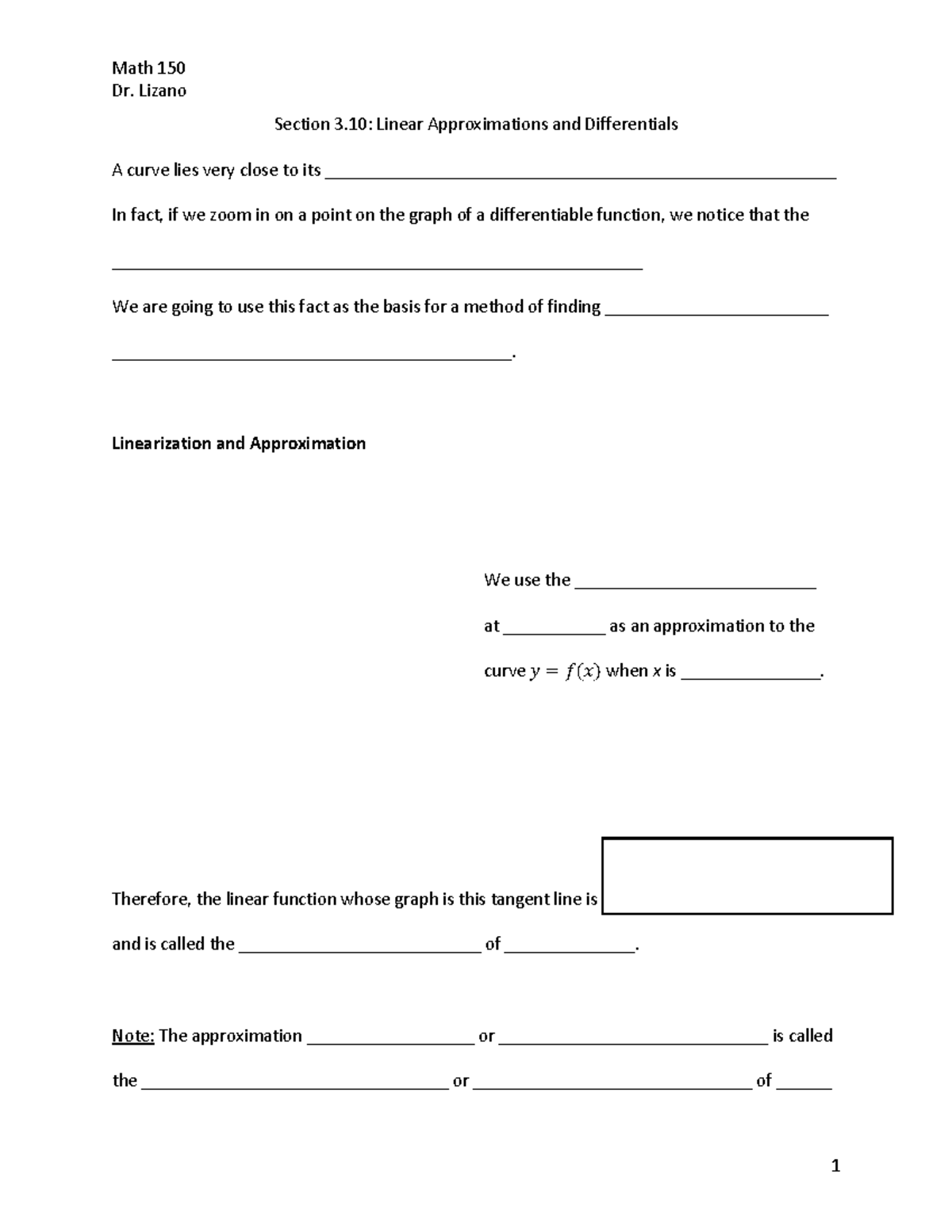 Math 150 Guided Notes: Linear Approximations & Differentials - Studocu