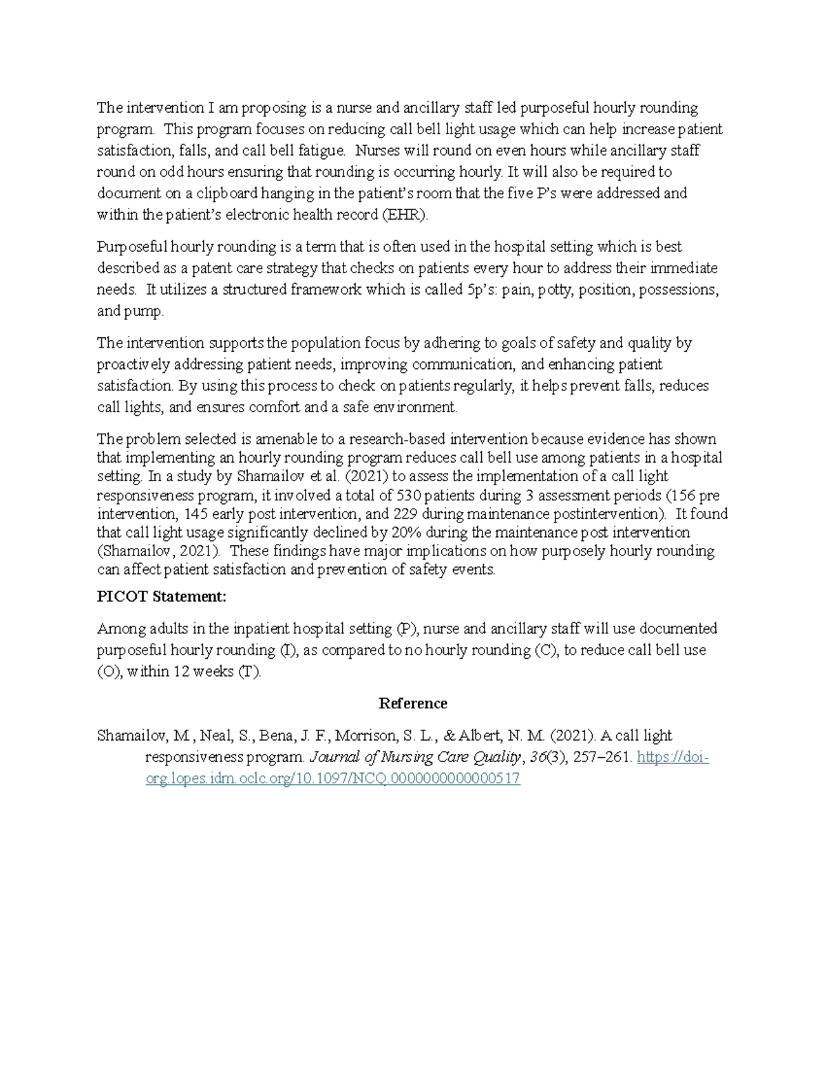 NUR 301 - Purposeful Hourly Rounding Program to Enhance Patient Care ...