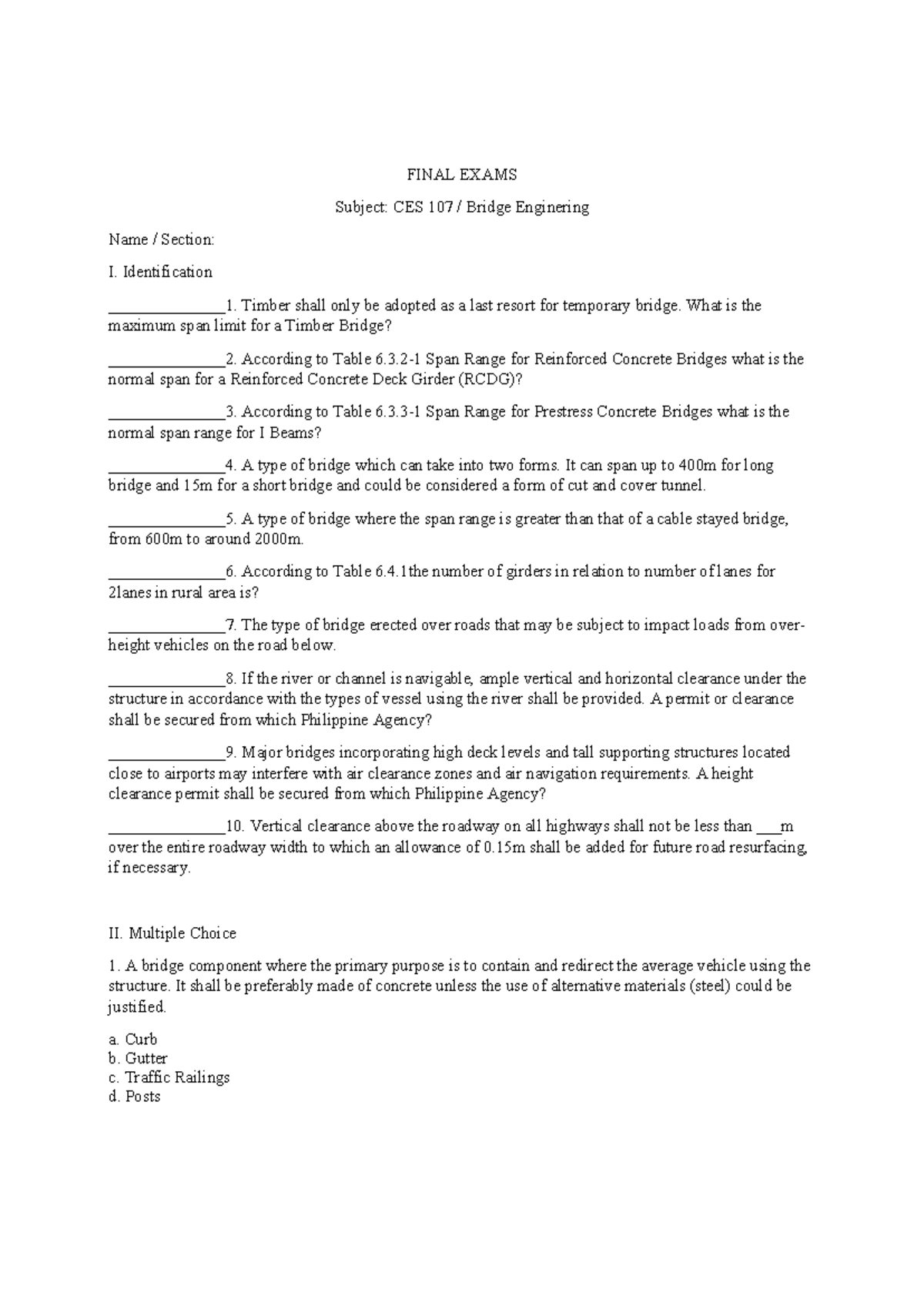 FINAL EXAM CES 107 Comprehensive Review on Bridge Engineering - Studocu