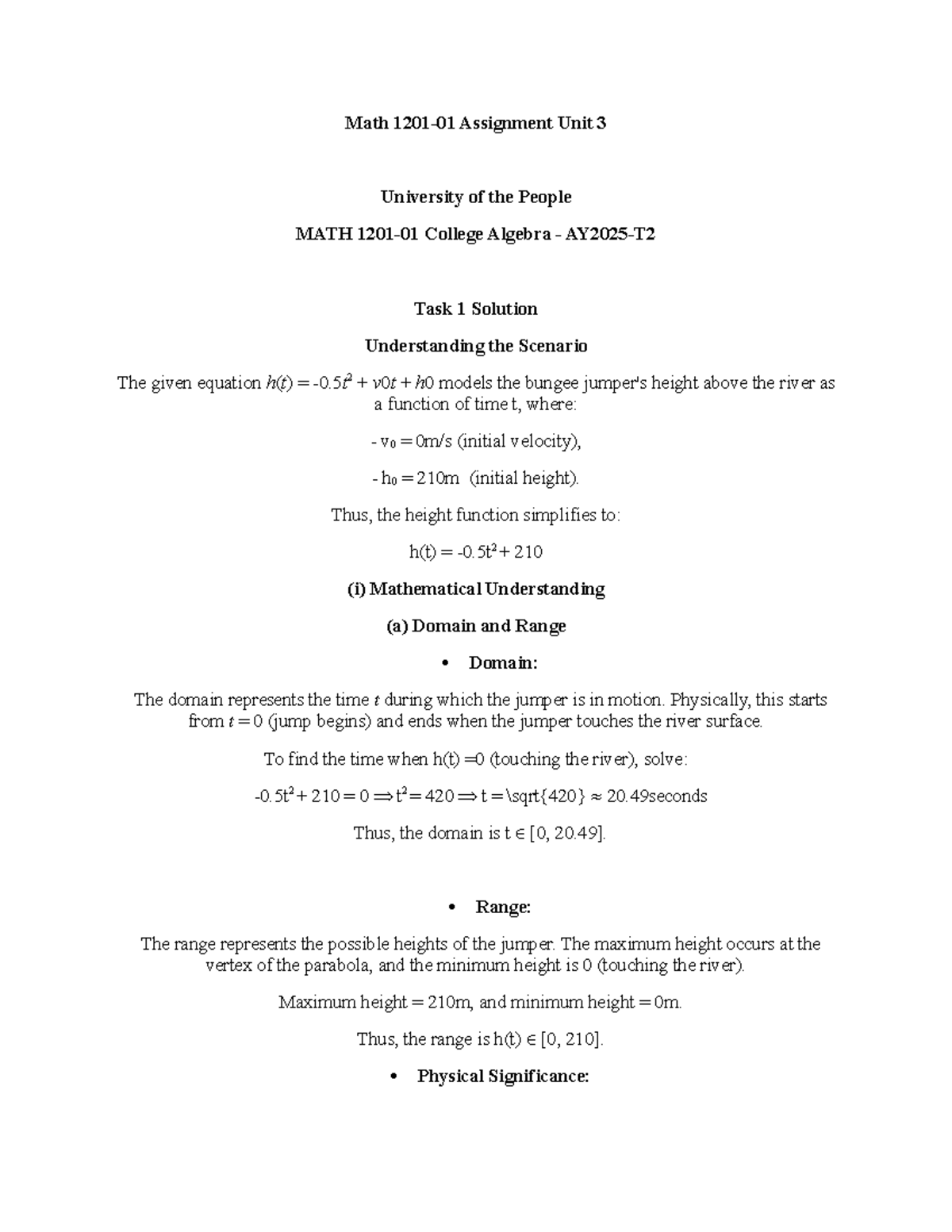 MATH 1201-01 Assignment Unit 3: Bungee Jump & Traffic Analysis - Studocu