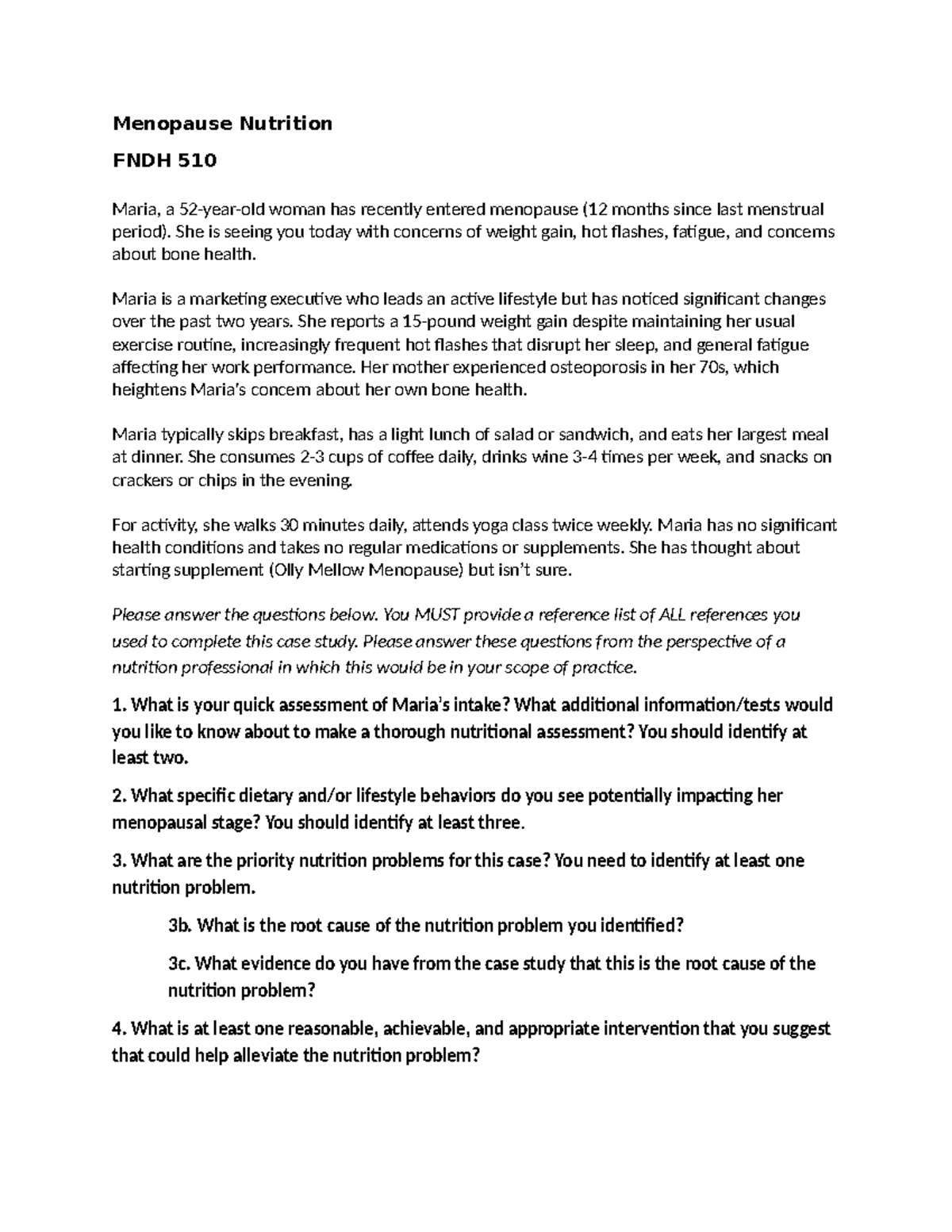 Menopause Nutrition Case Study Analysis FNDH 510 - Studocu