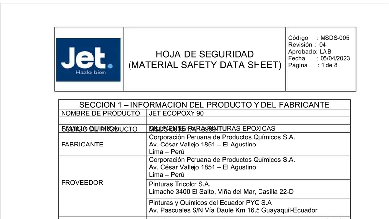 HOJA DE SEGURIDAD MSDS JET ECOPOXY 90 - Revisión 04 - Studocu