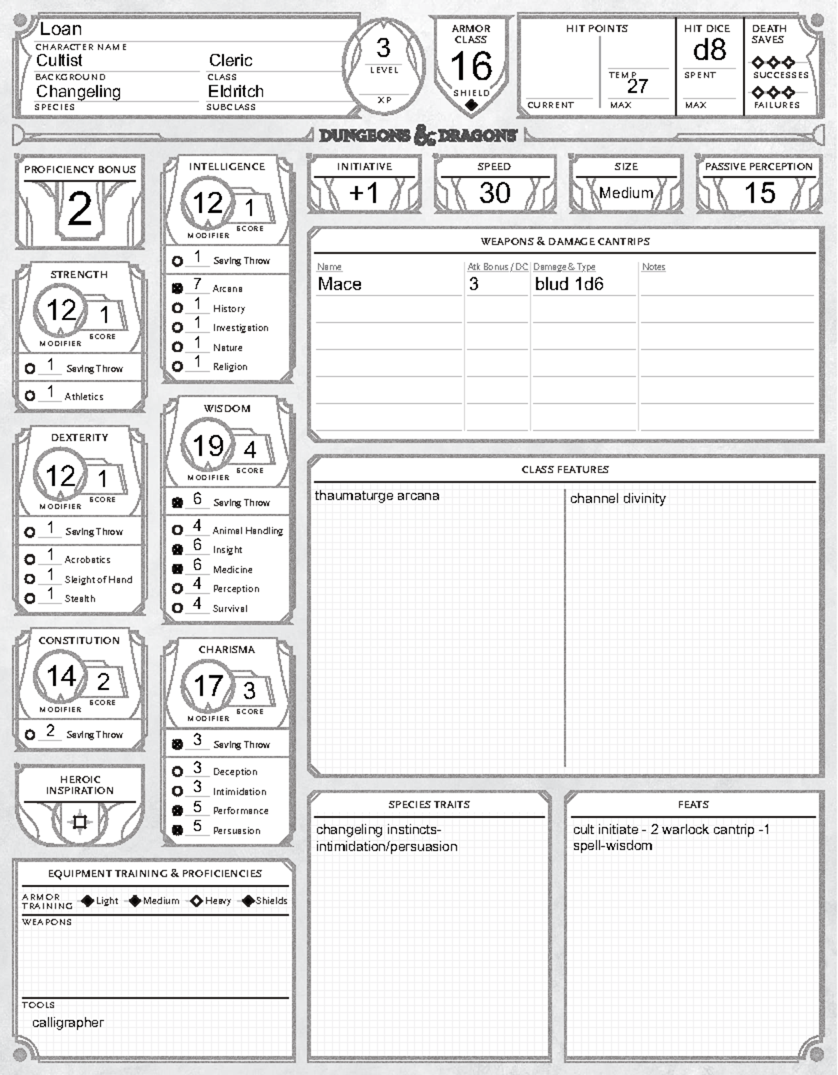 Cleric Cultist Character Sheet - Level 3 (2nd Note) - Studocu