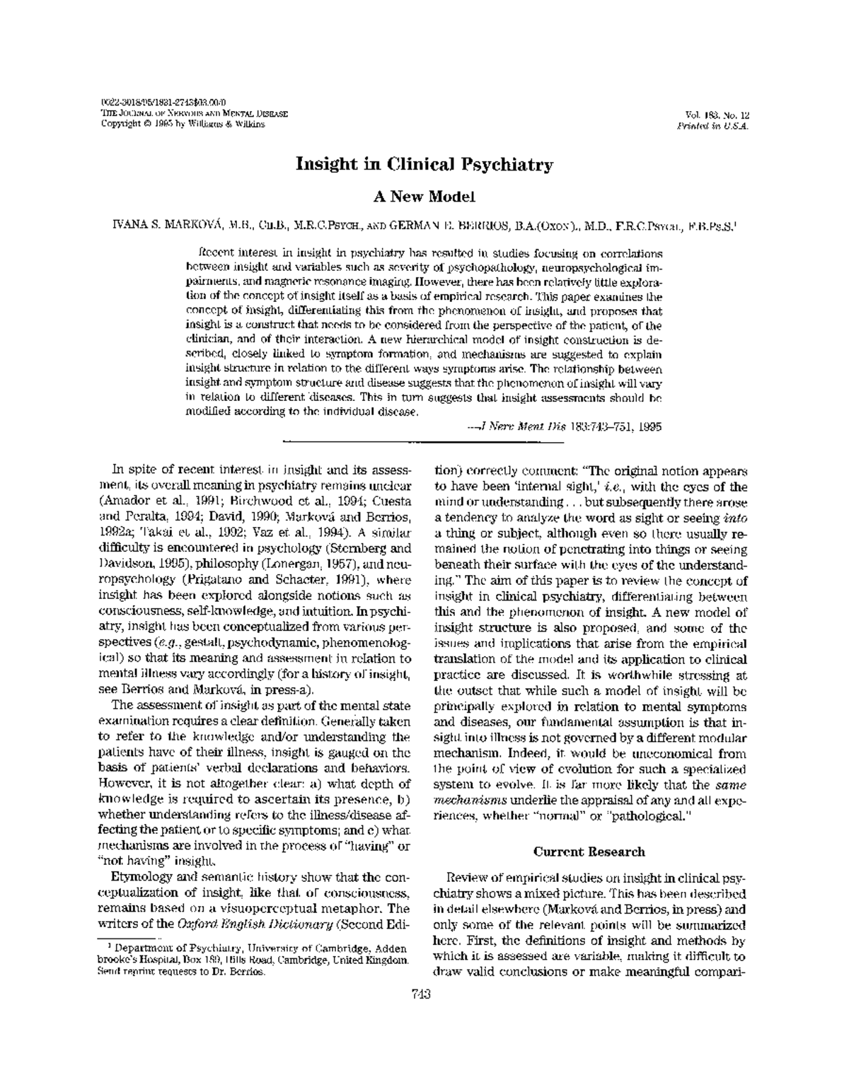 S6-1. Insight in Clinical Psychiatry A New Model - Medicina - Studocu