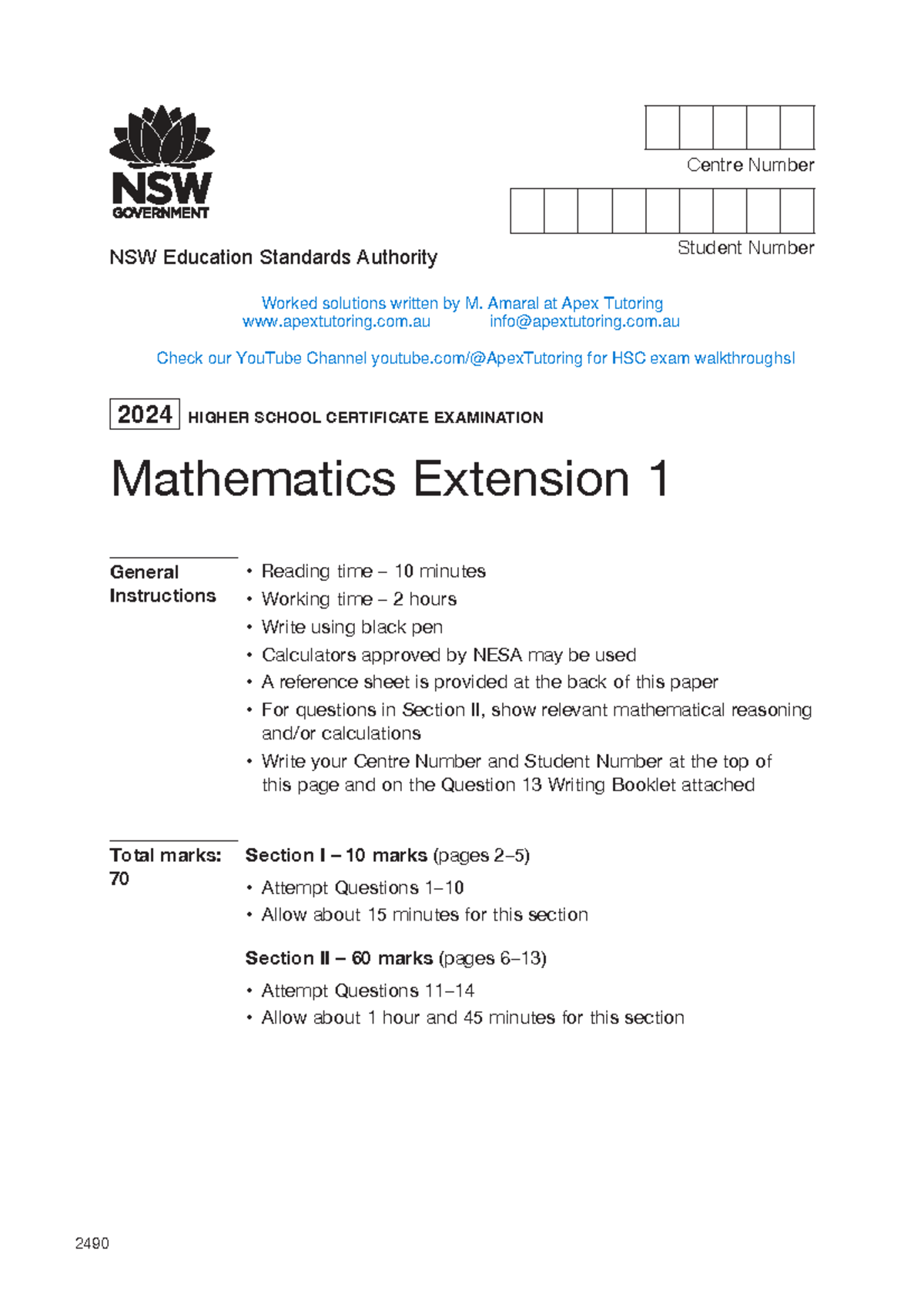 2024 HSC Mathematics Extension 1 Exam Worked Solutions - Studocu
