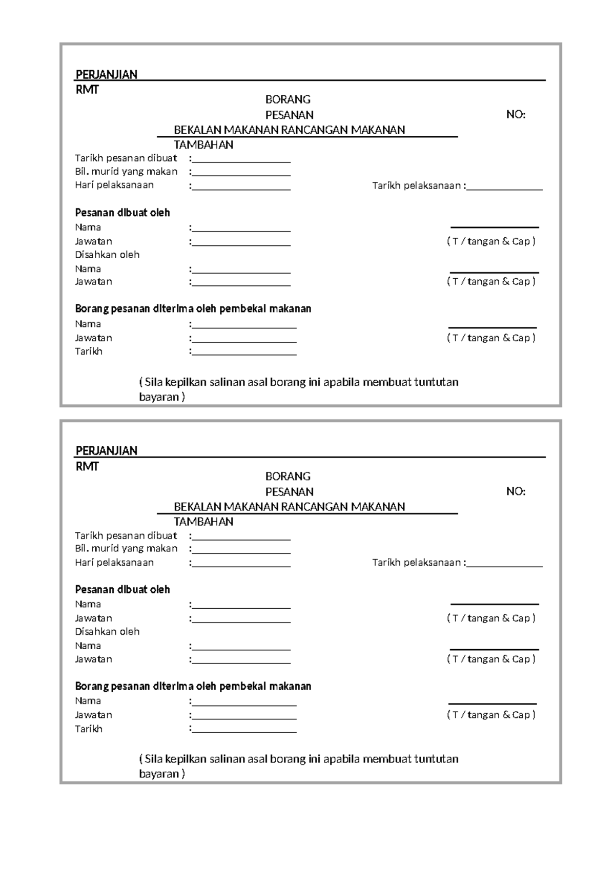 Borang Pesanan RMT 2024 untuk Bekalan Makanan dan Perjanjian - Studocu
