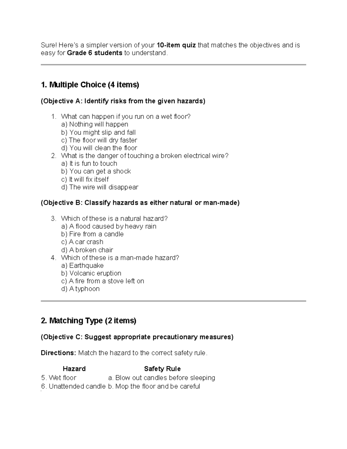 Grade 6 Safety Quiz: Identifying and Classifying Hazards - Studocu