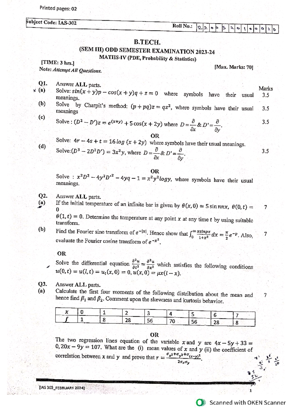Maths 4 - lsw - Printed pages: 02 Subject Code: Roll No.: B. (SEM ODD ...