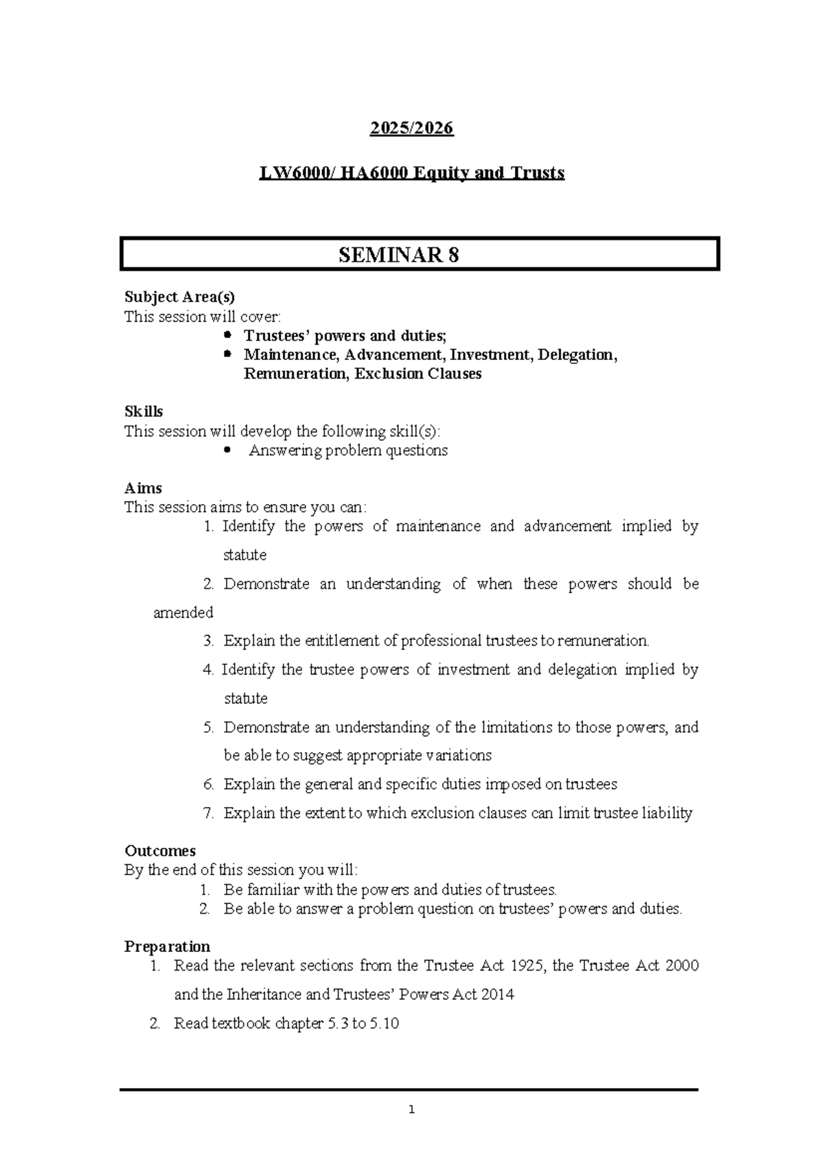 Seminar 8: Trustees' Powers and Duties in Equity and Trusts - Studocu