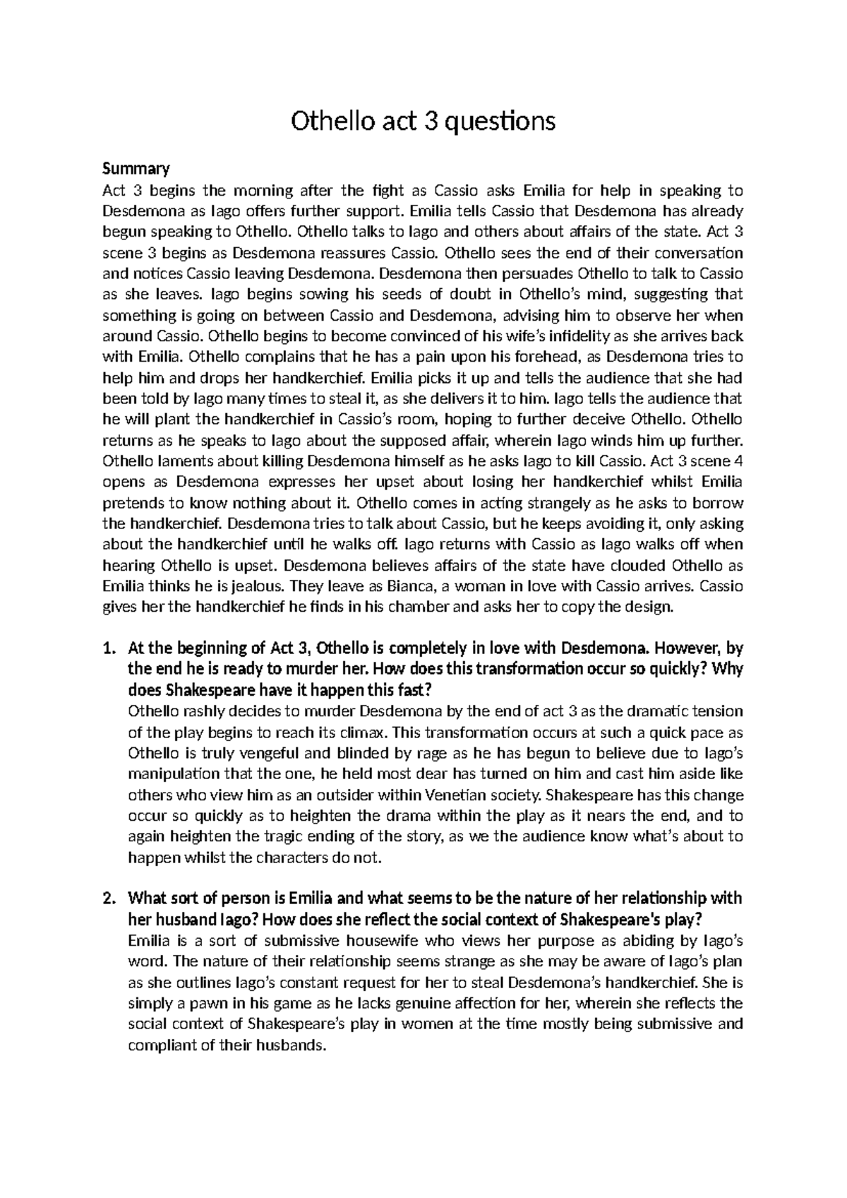 Othello Act 3 Analysis Questions and Key Themes (ENG 101) - Studocu