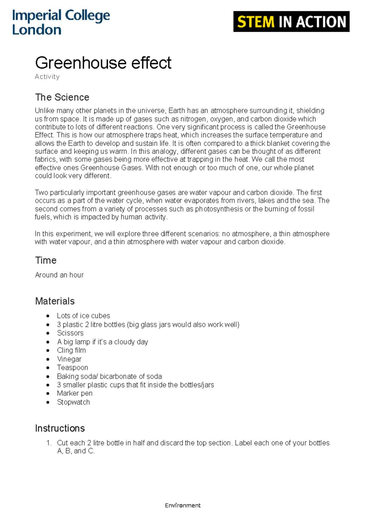 Greenhouse Effect Activity Instructions for Science Experiment - Studocu