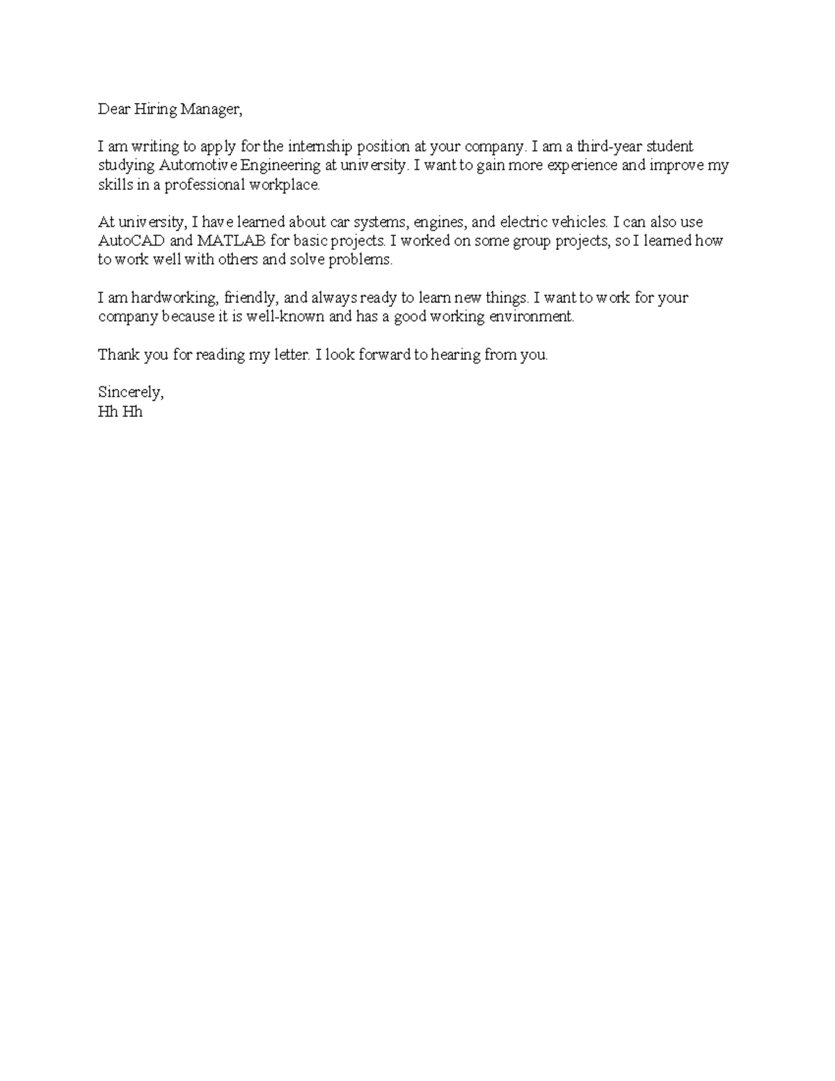 Unit 7 - Internship Application Letter for Automotive Engineering - Studocu