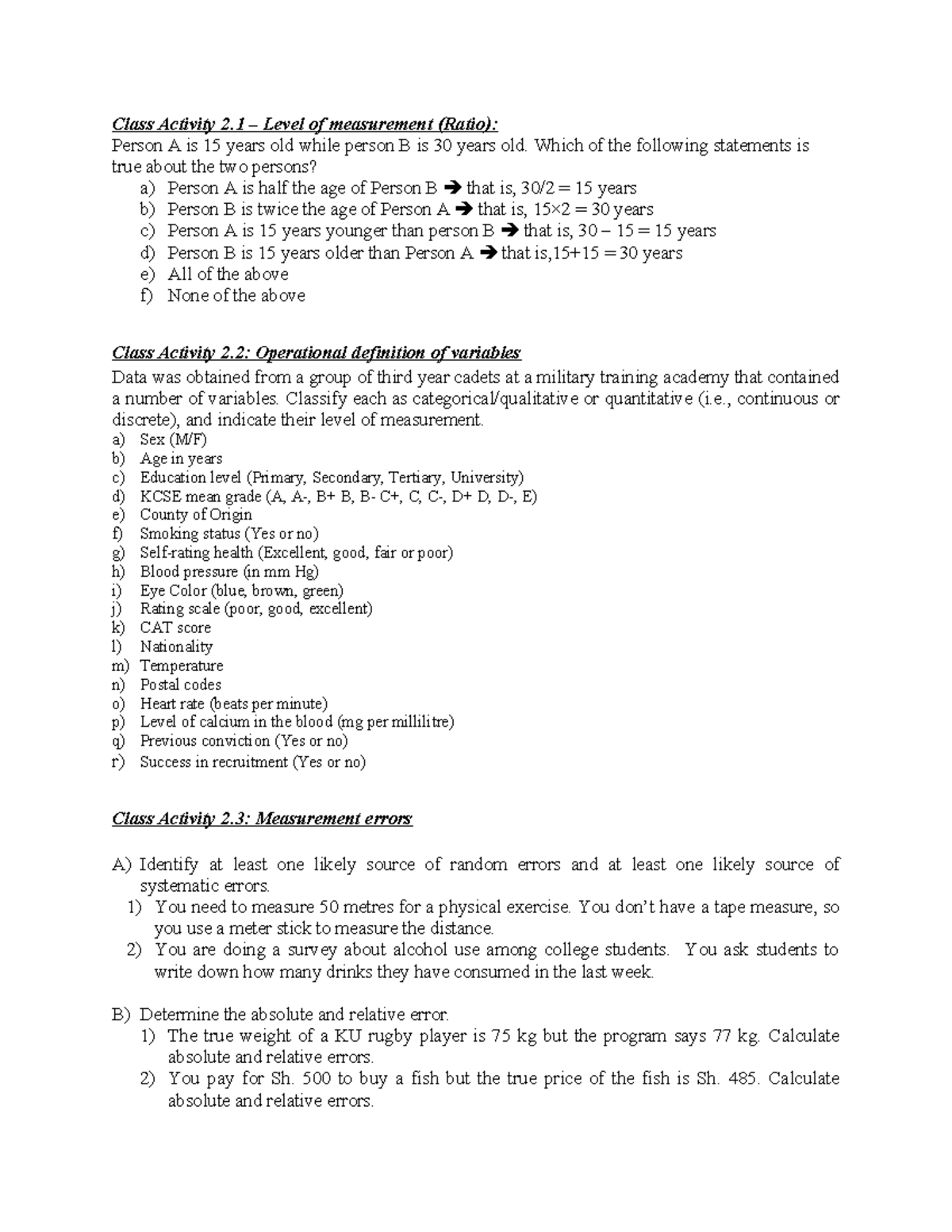 Measurement Practice Questions: Class Activity 2.1 to 2.3 Analysis ...