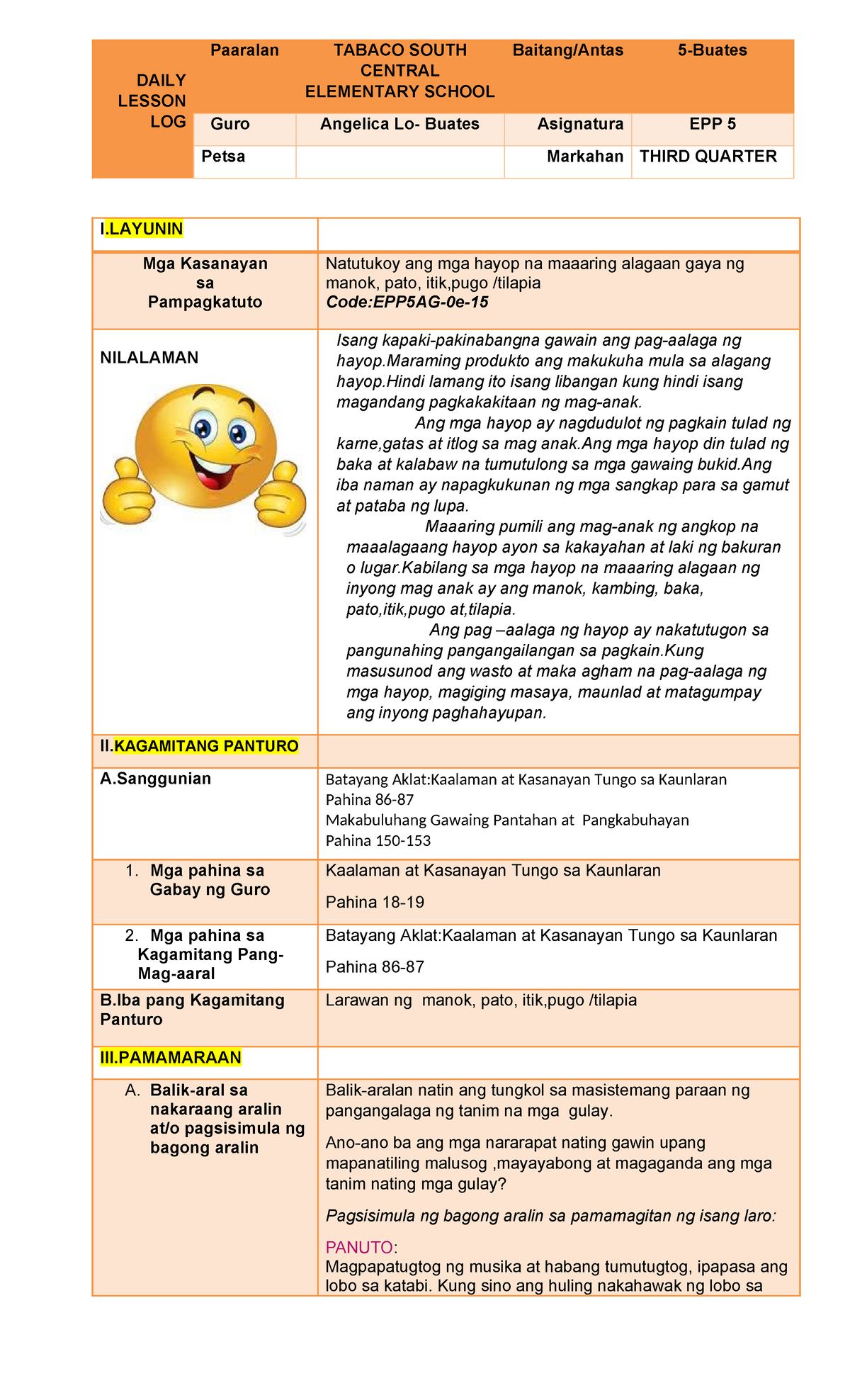 EPP 5 Daily Lesson Log: Pangangalaga ng mga Hayop at Kita - Studocu