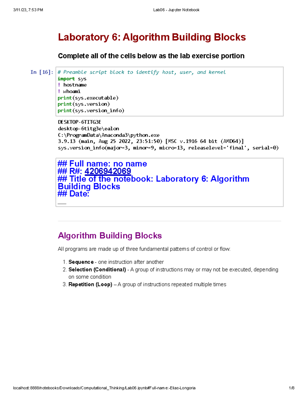 Lab06 - Algorithm Building Blocks in Jupyter Notebook - Studocu