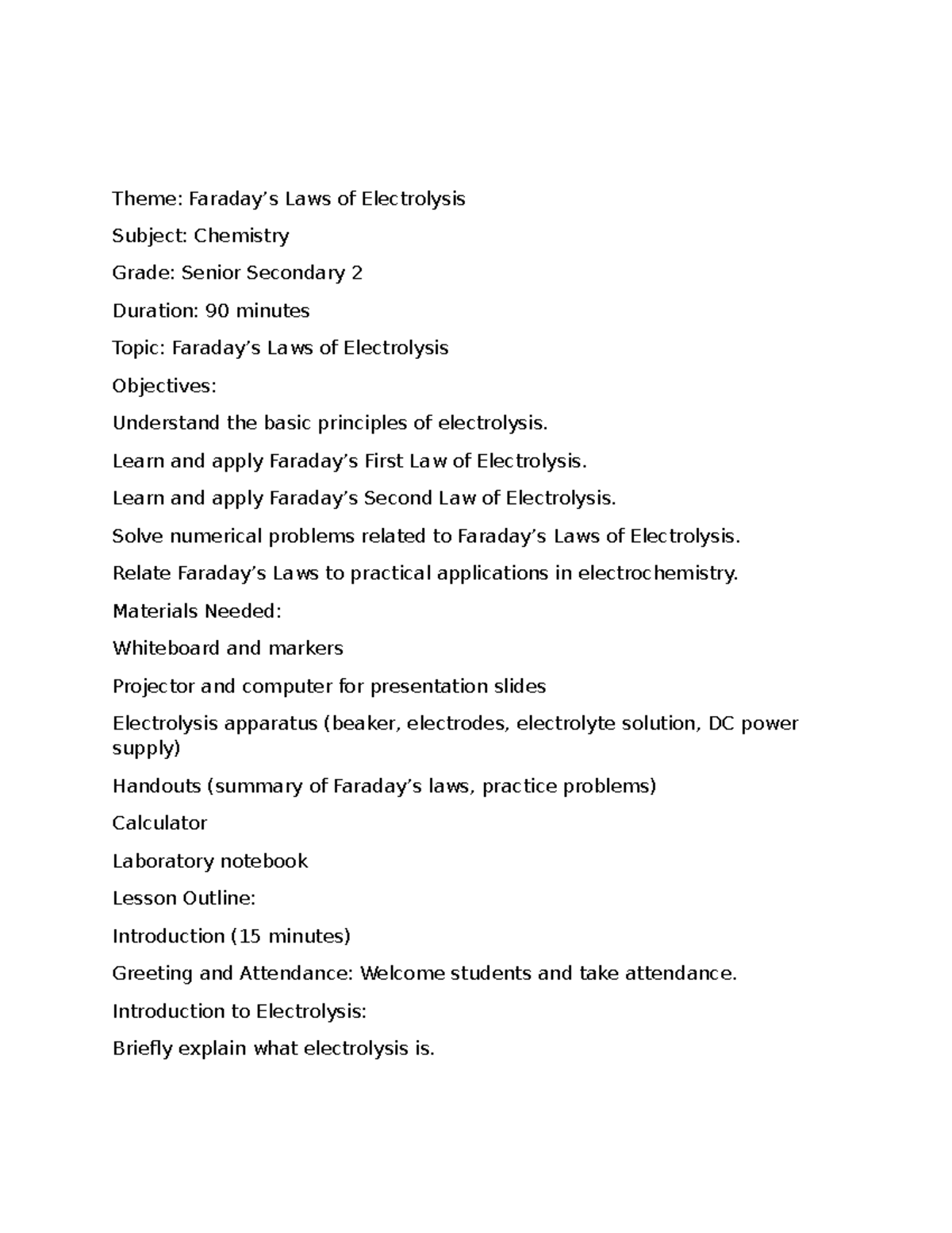 Lesson Plan on Electrolysis: Laws & Applications (Chemistry SS2) - Studocu