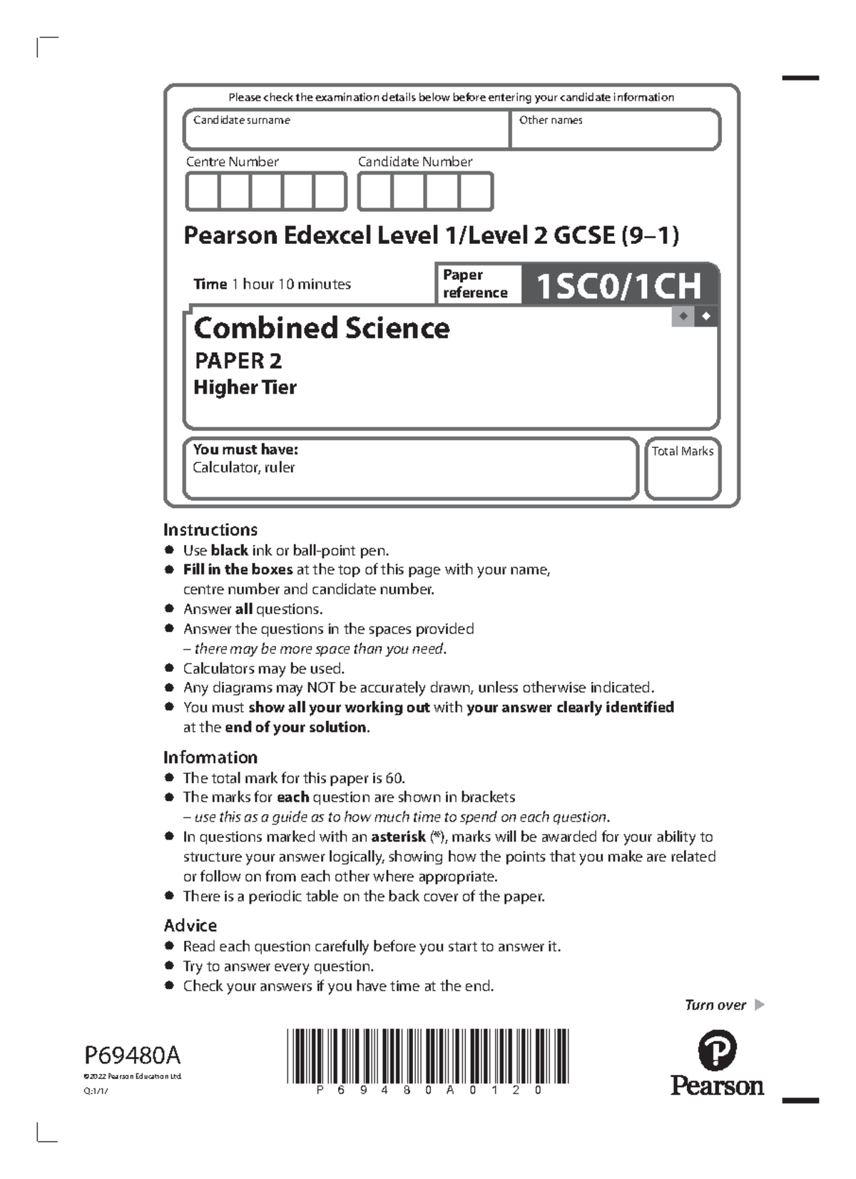 Edexcel GCSE Combined Science: Chemistry Higher Paper 1 - June 2022 ...