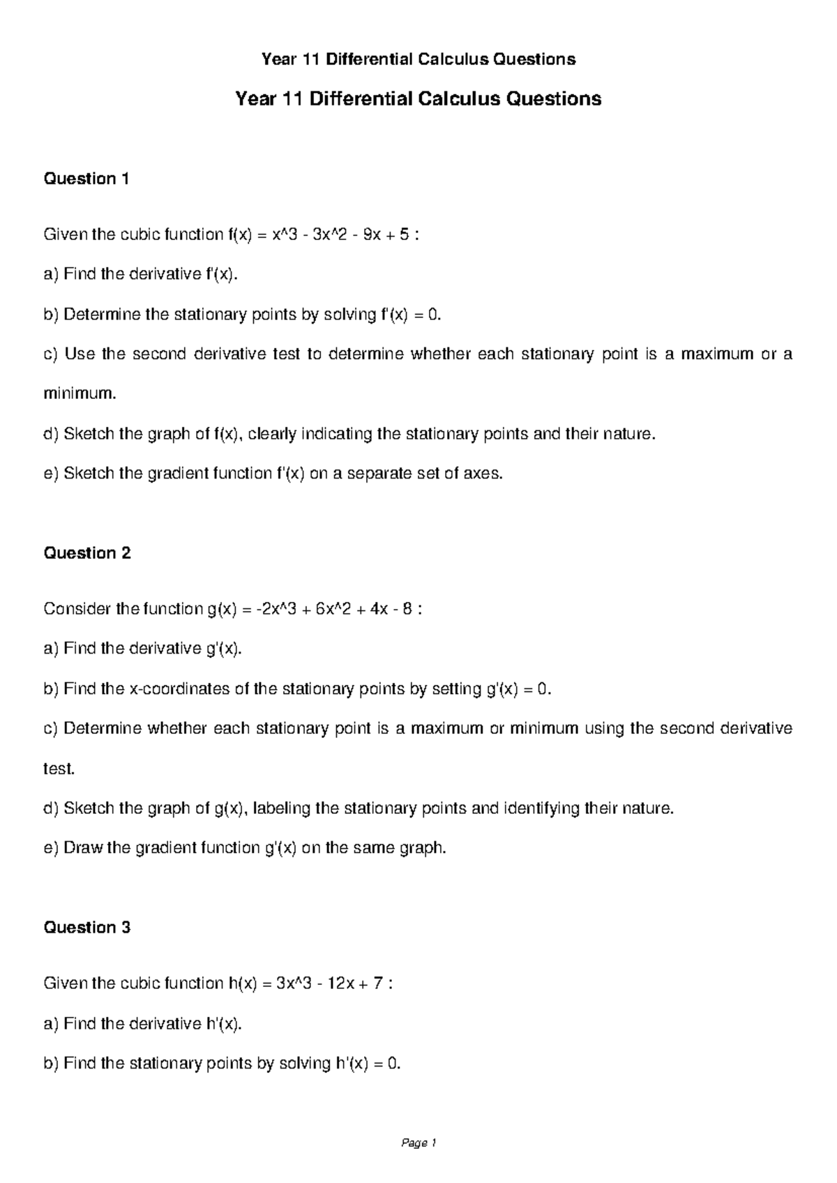 Year 11 Differential Calculus Questions: Derivatives & Stationary ...