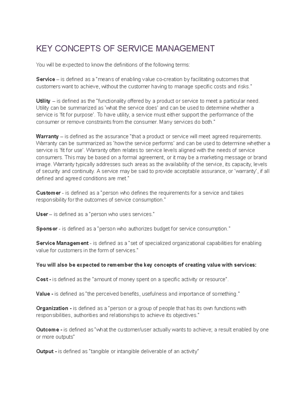 ITIL v4 Key Concepts: Service Management Cram Sheet - Studocu