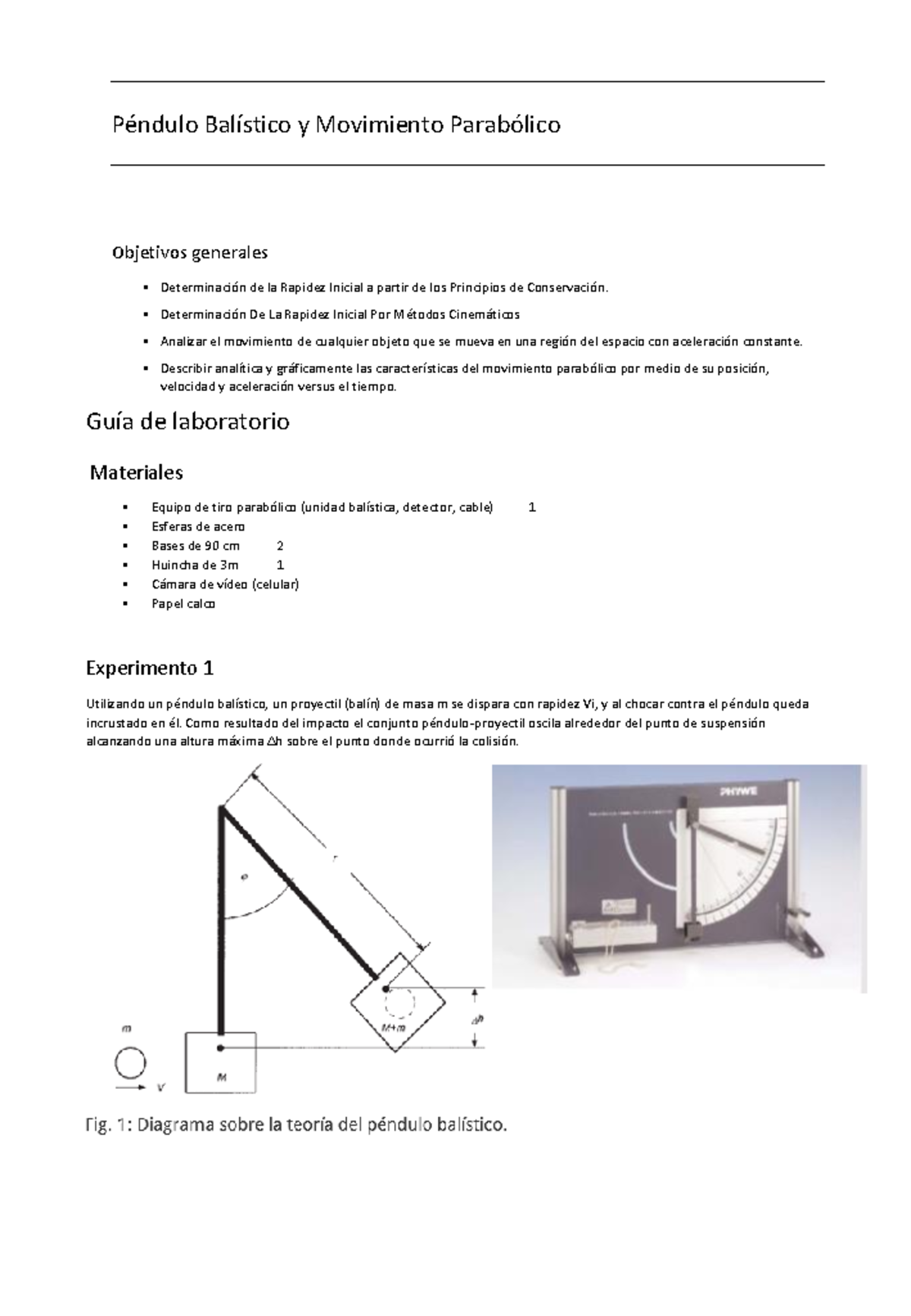 Laboratorio de Péndulo Balístico y Movimiento Parabólico - Estudio de ...