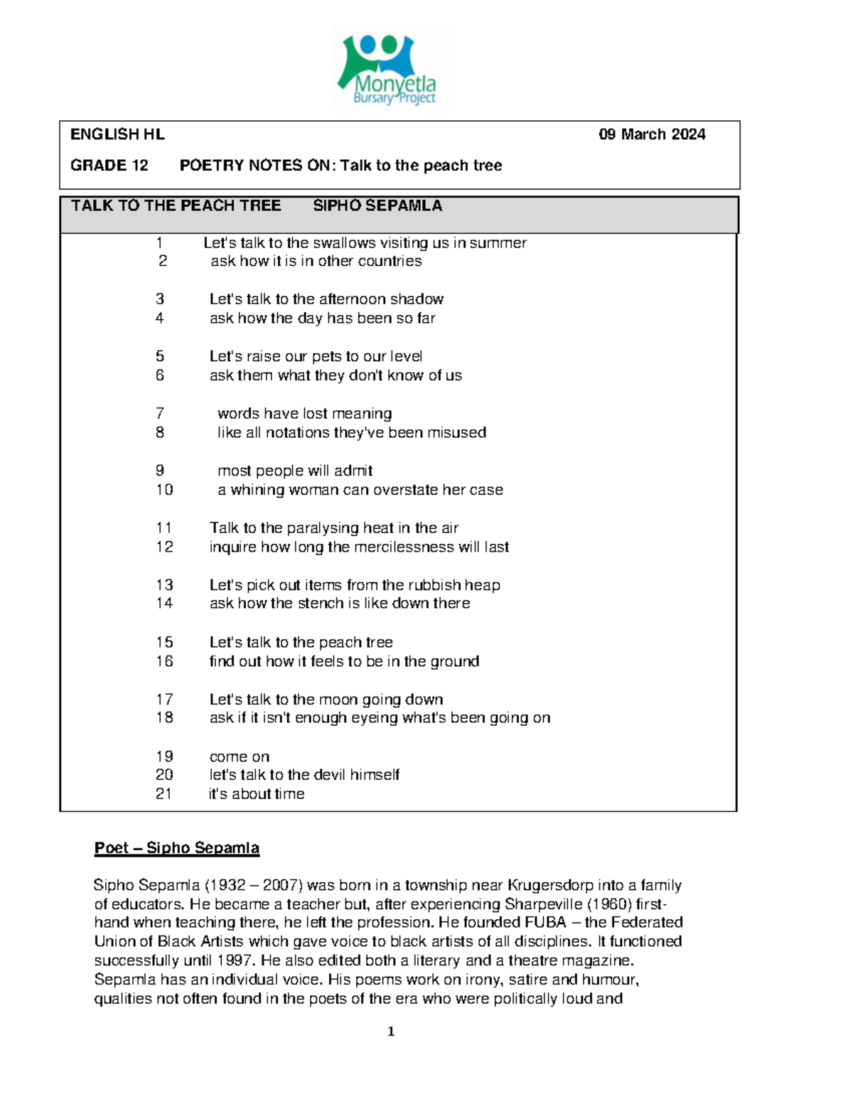 ENGLISH HL GRADE 12 POETRY NOTES: "Talk to the Peach Tree" by Sipho ...