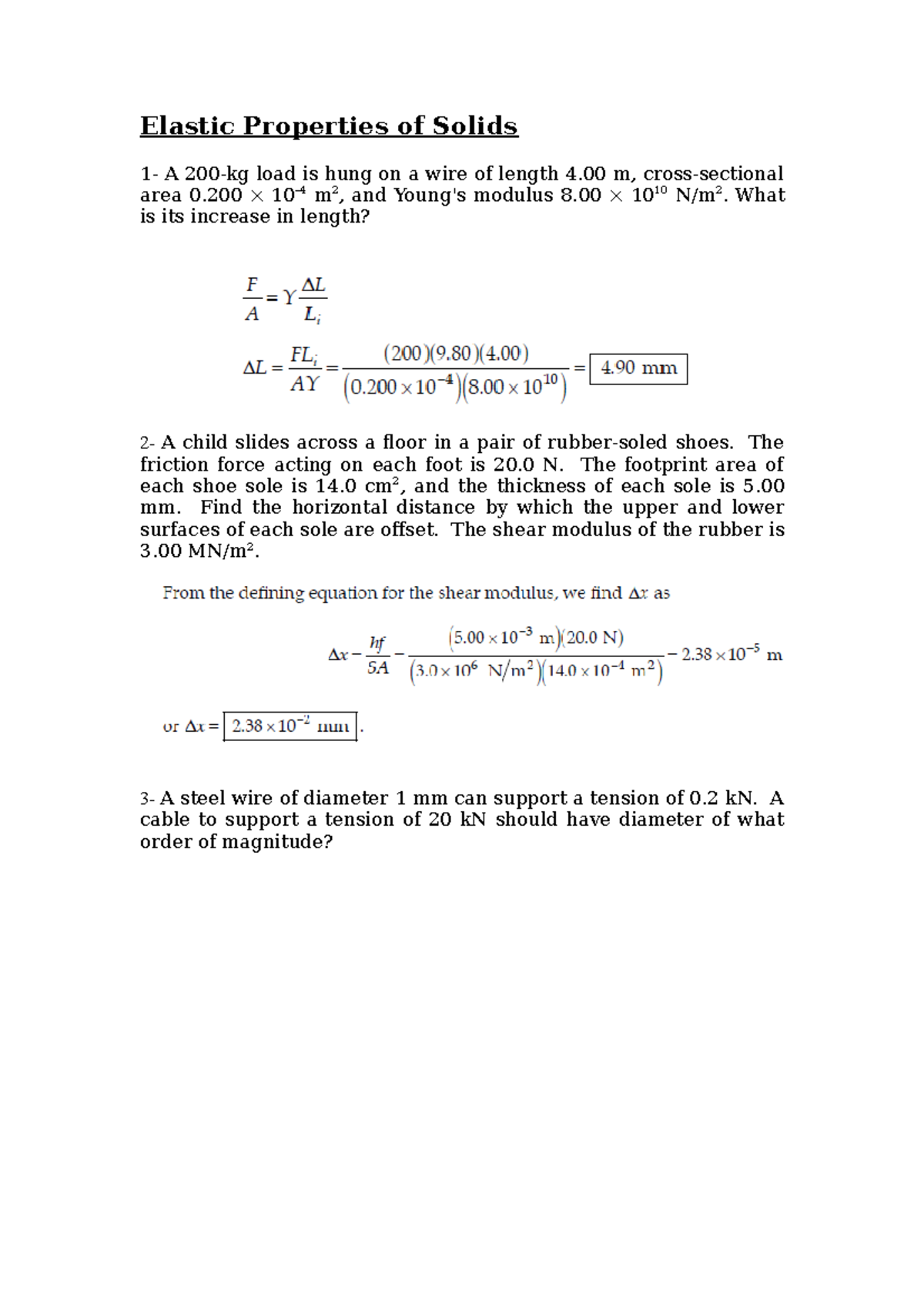Elasticity Problems: Concepts & Practice for PHYS 1010 - Studocu
