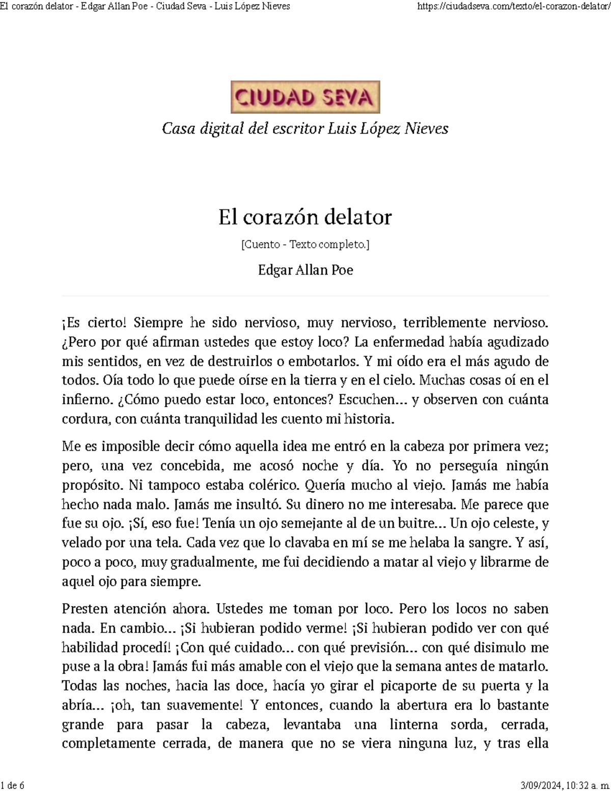 Resumen y análisis de "El corazón delator" - Edgar Allan Poe - Studocu